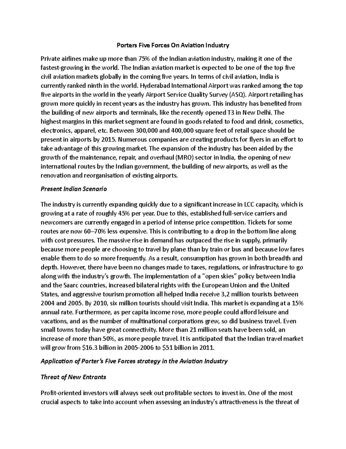 C4 - Essay - Porters Five Forces On Aviation Industry Private airlines ...