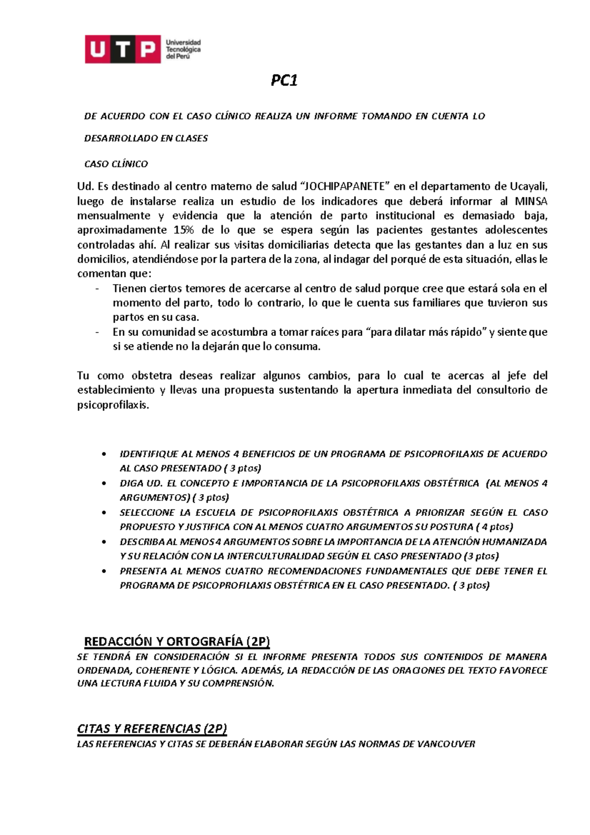 PC1 Informe - .lectura - PC DE ACUERDO CON EL CASO CLÍNICO REALIZA UN INFORME TOMANDO EN CUENTA ...