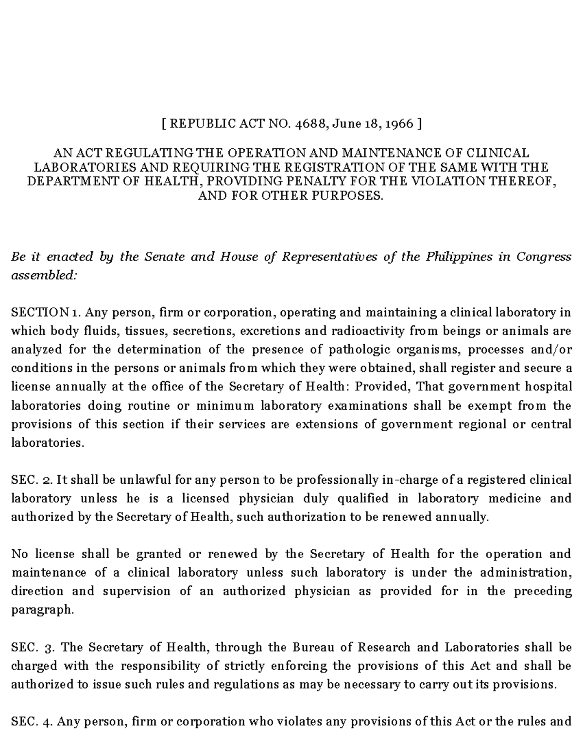 Republic ACT NO. 4688 Clinical Laboratories Registration Act ...