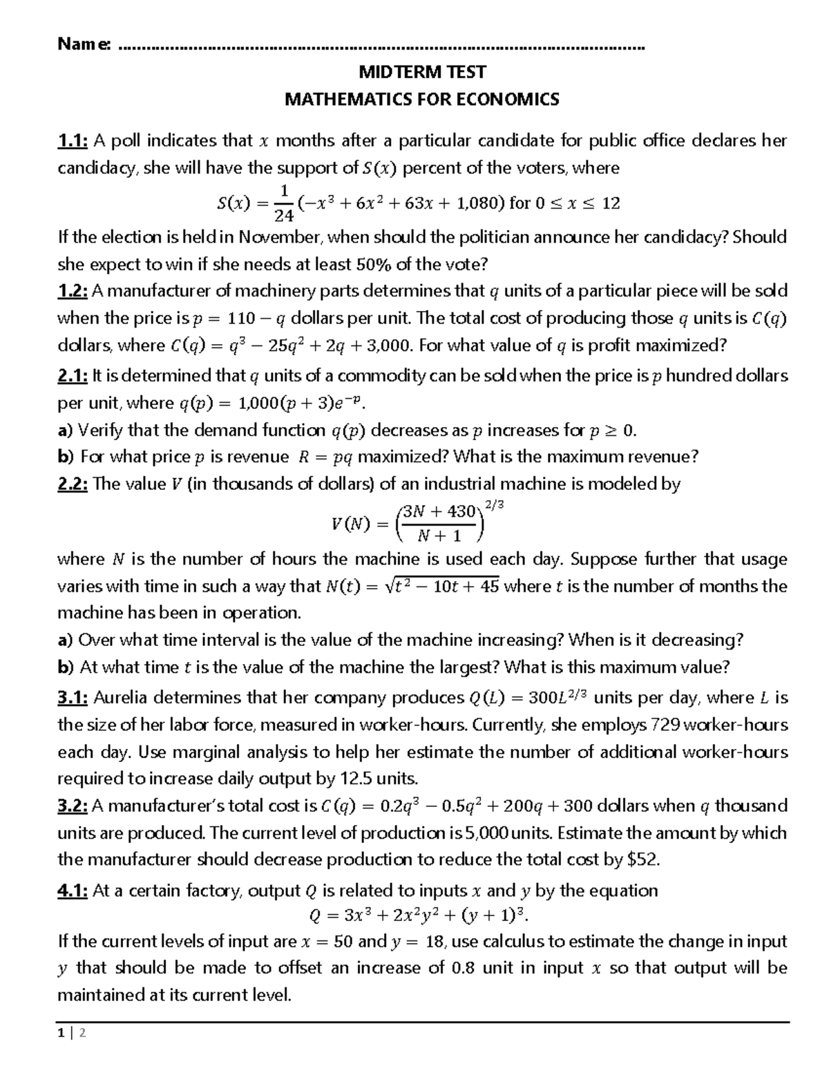 Midterm Math Material - 1 | 2 Name: - Studocu