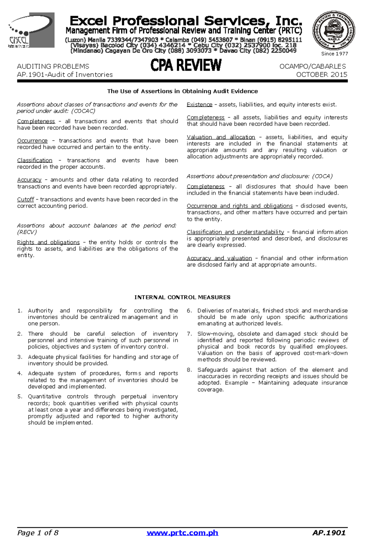 Sample/practice exam 2017, questions and answers - AUDITING PROBLEMS ...