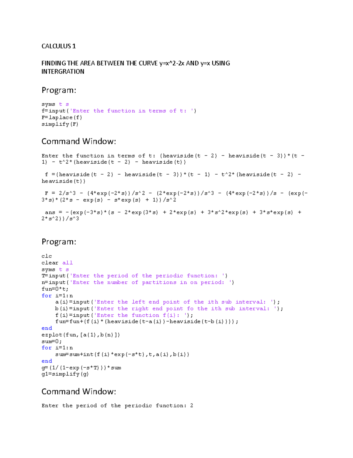 Calculus 1 W4 - MATLAB code for finding area between curve using ...