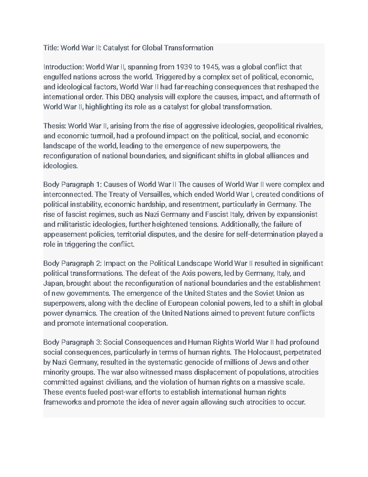 AP world history DBQ on WW2 - Title: World War II: Catalyst for Global ...