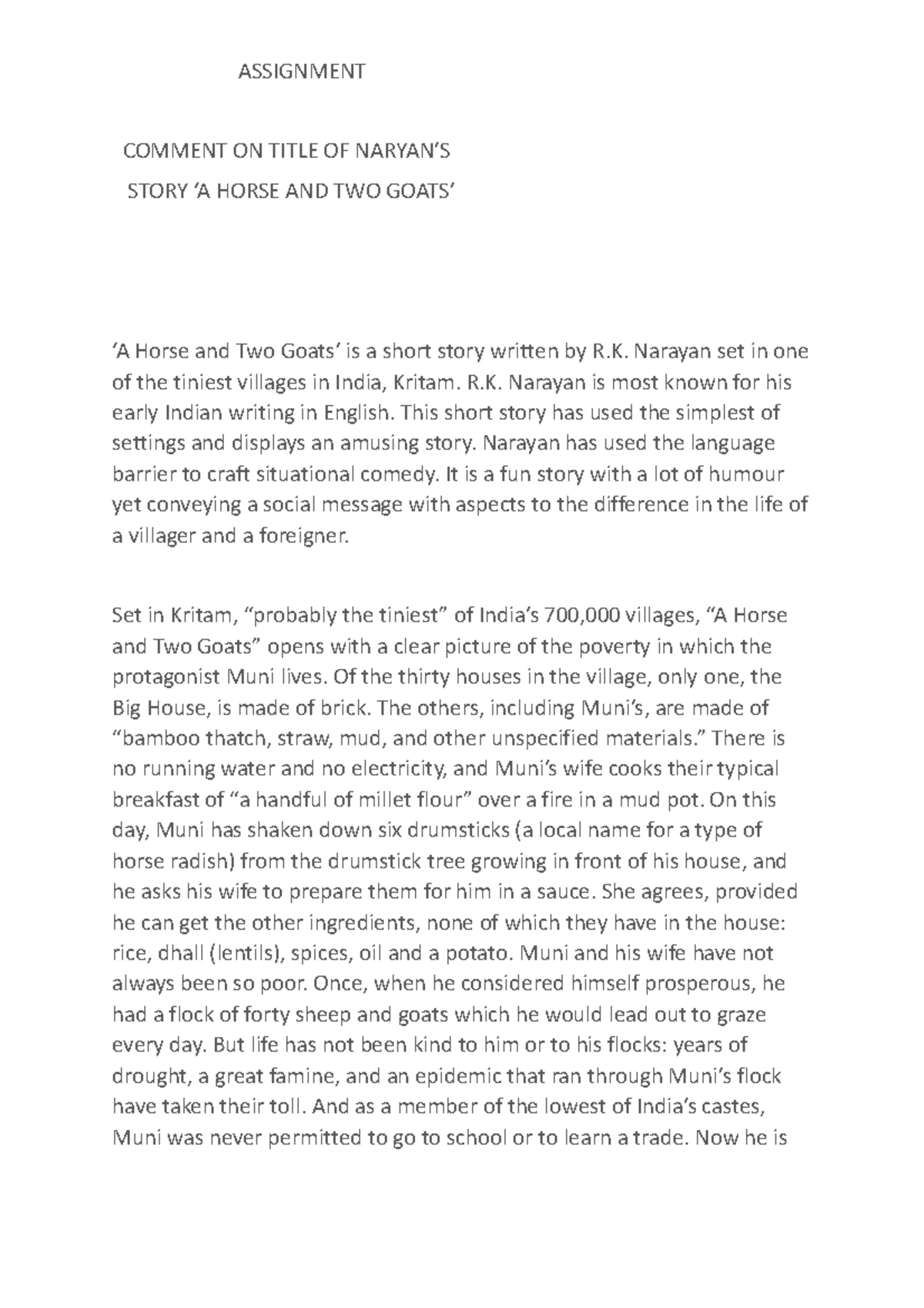 Assignment indain writting 1 - ASSIGNMENT COMMENT ON TITLE OF NARYAN’S ...