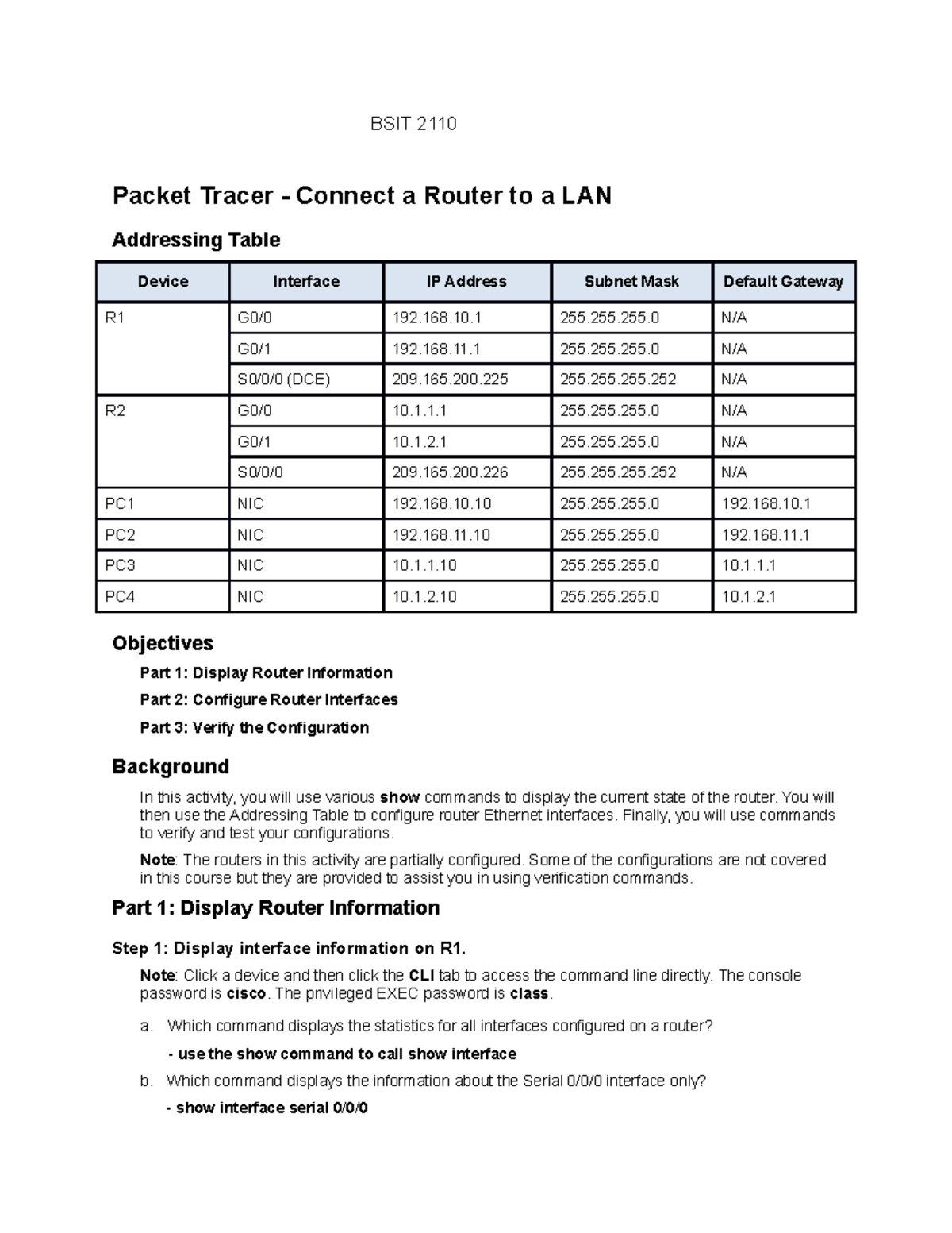 Cisco - activity - Your Welcome! - BSIT 2110 Packet Tracer - Connect a ...