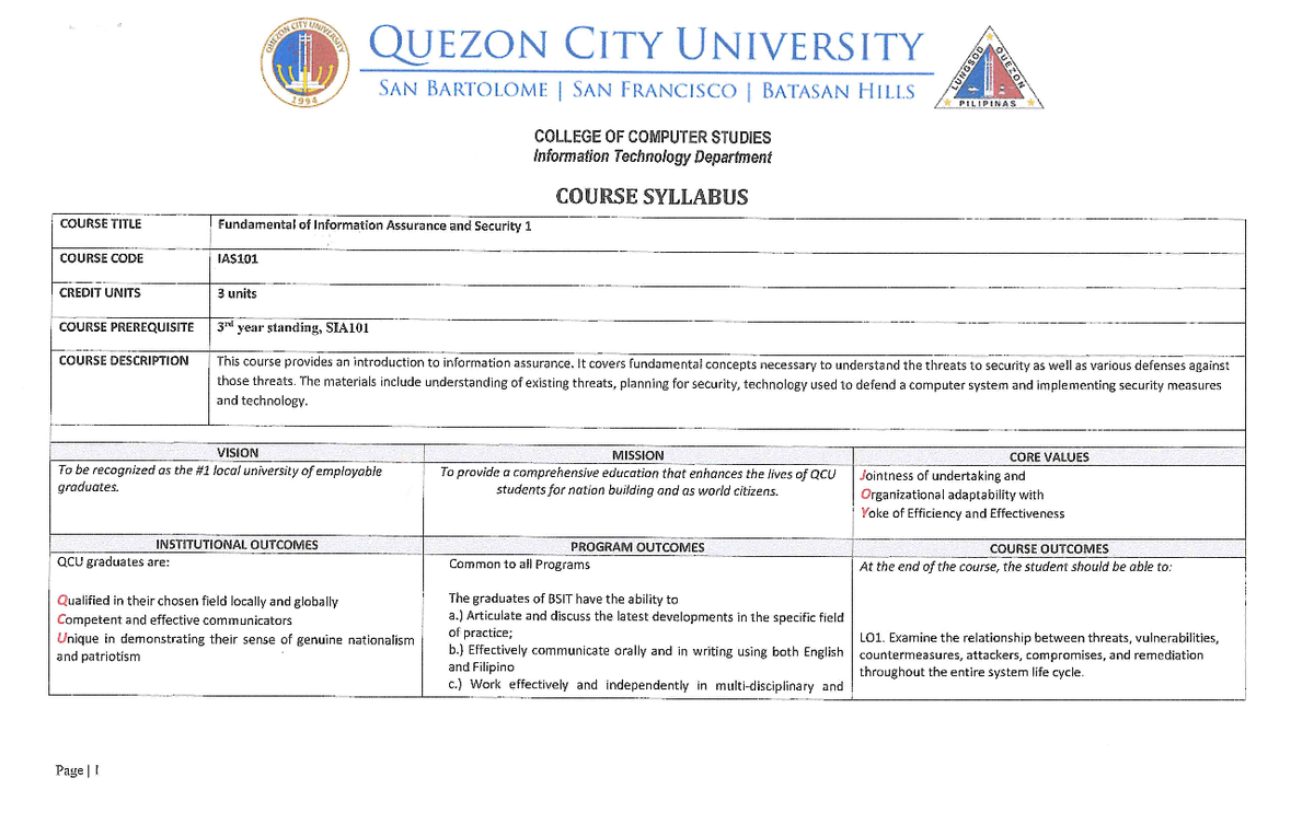 IAS101 - Fundamental of Information Assurance and Security 1 Course ...
