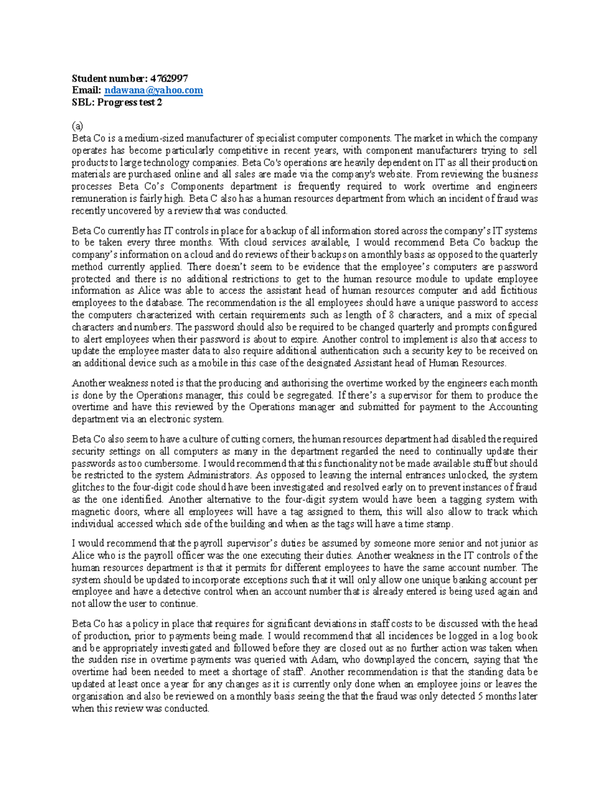 SBL Progress Test 2 - Useful doc - Student number: 4762997 Email ...