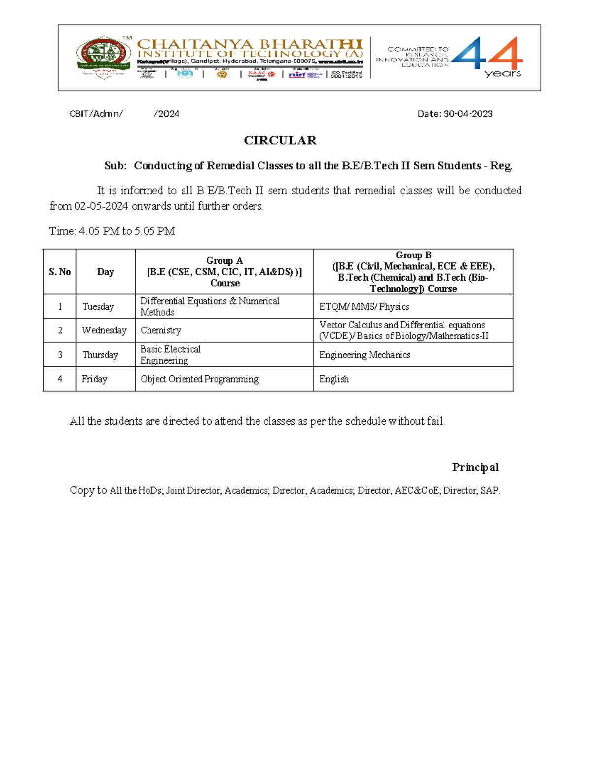 Remedial Classes Cicular II Sem 2023-24 - CBIT/Admn/ /2024 Date: 30-04 ...