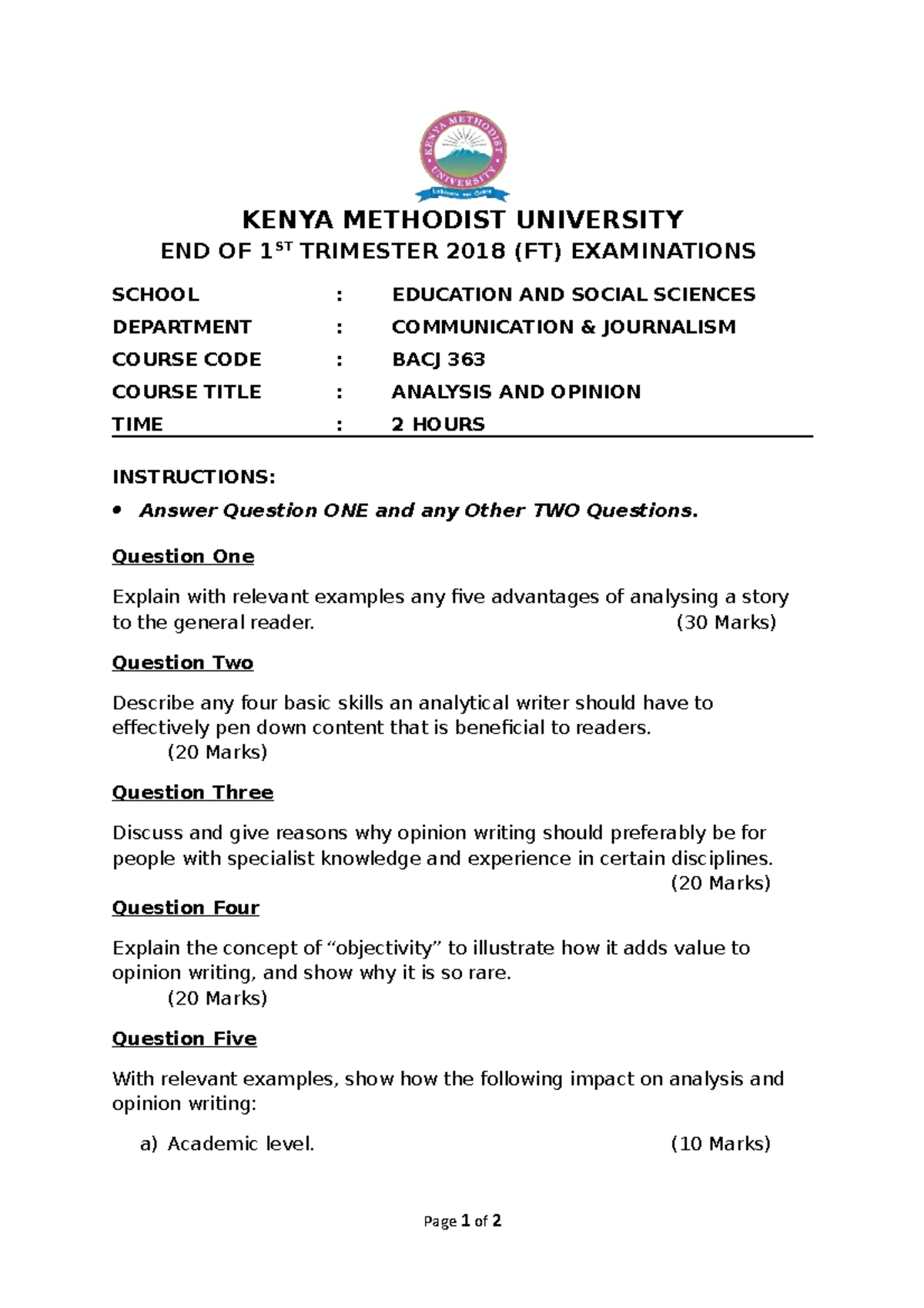 Analysis AND Opinion BACJ 363) 1ST Trimester 2018 - KENYA METHODIST UNIVERSITY END OF 1ST ...