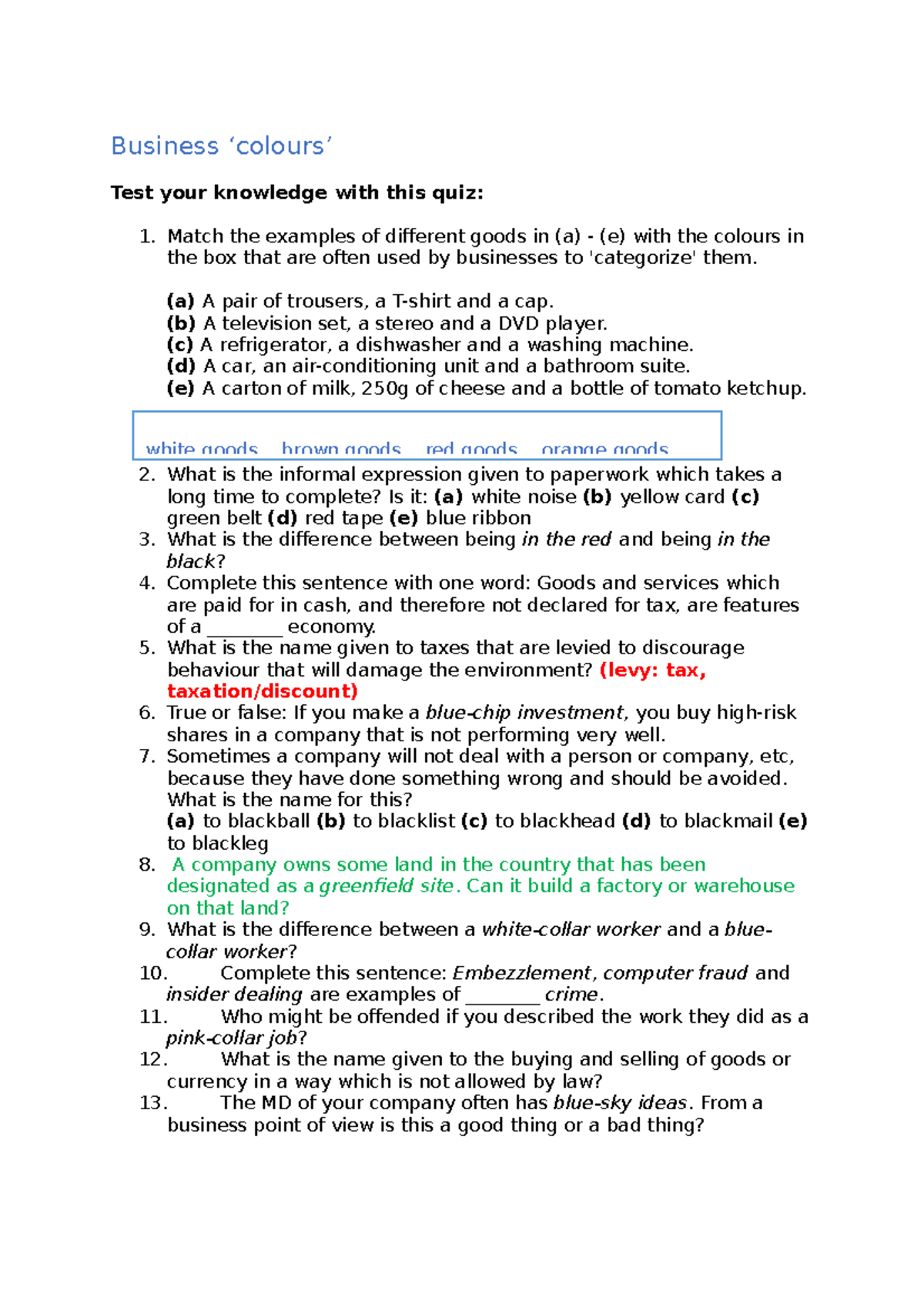 Colours - business colors course with corrected exercises - Business ...