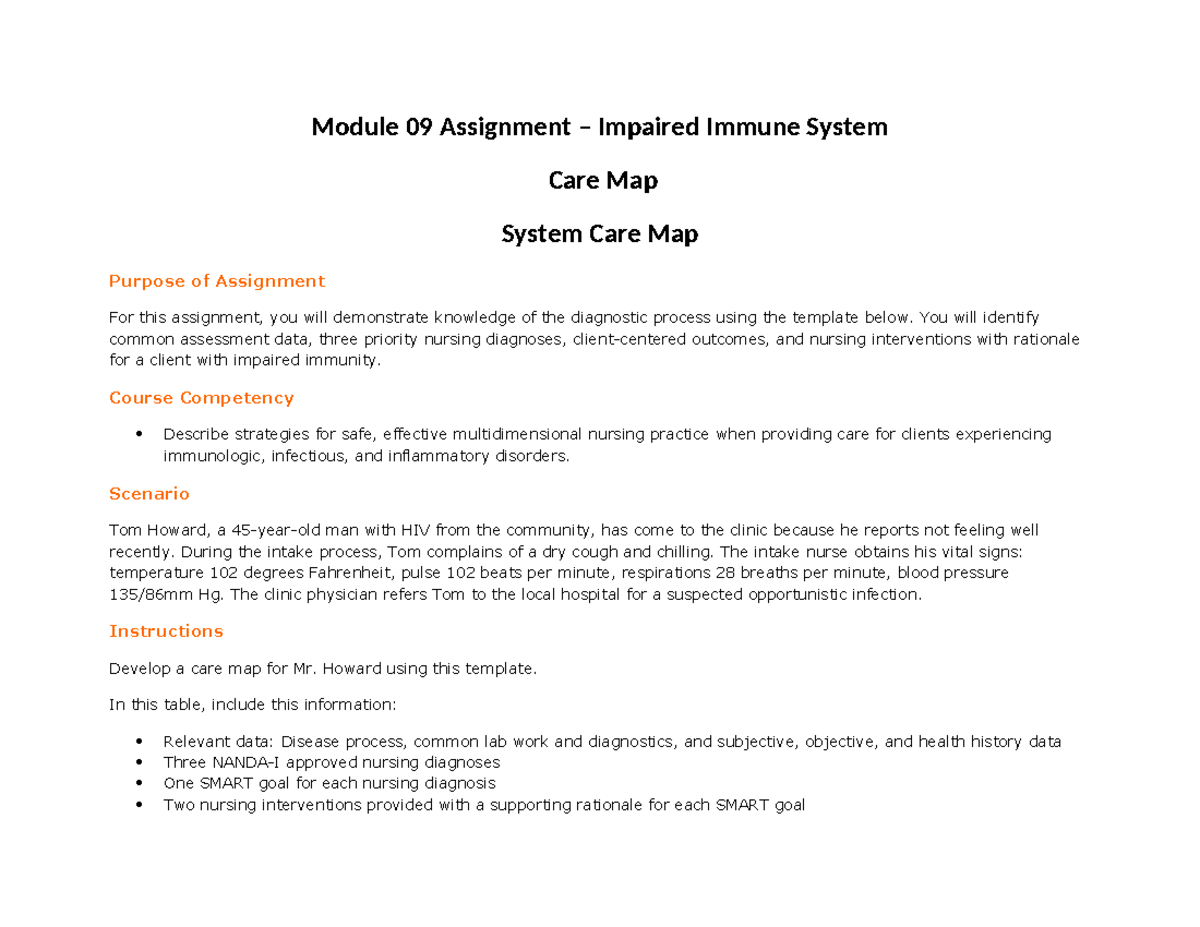 Nursing Interventions - Module 09 Assignment – Impaired Immune System Care Map System Care Map ...