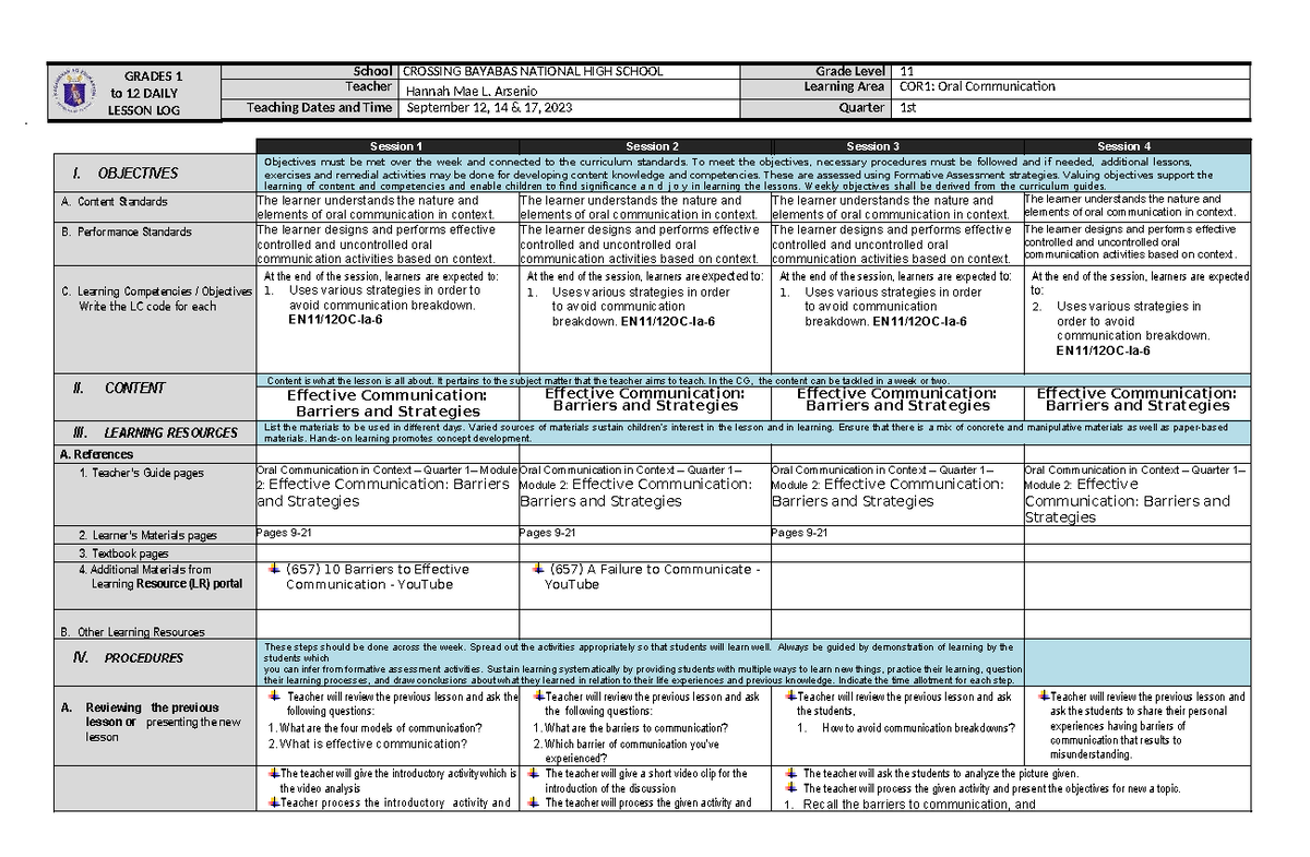 DLL Oral Com Week 2 - ORAL COM DLP - GRADES 1 to 12 DAILY LESSON LOG ...