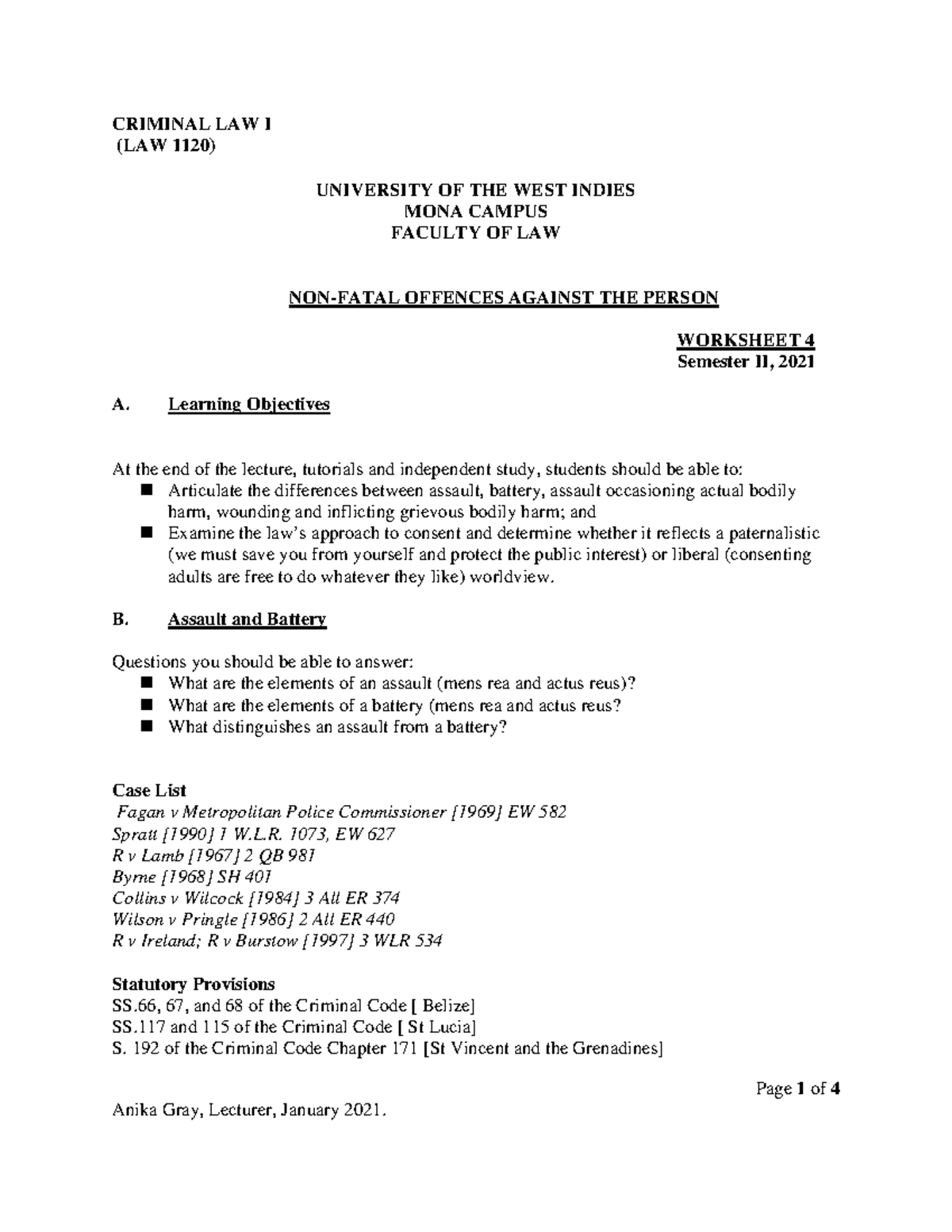 Worksheet 4 Non-Fatal Offences Against the Person - Criminal Law - UWI ...