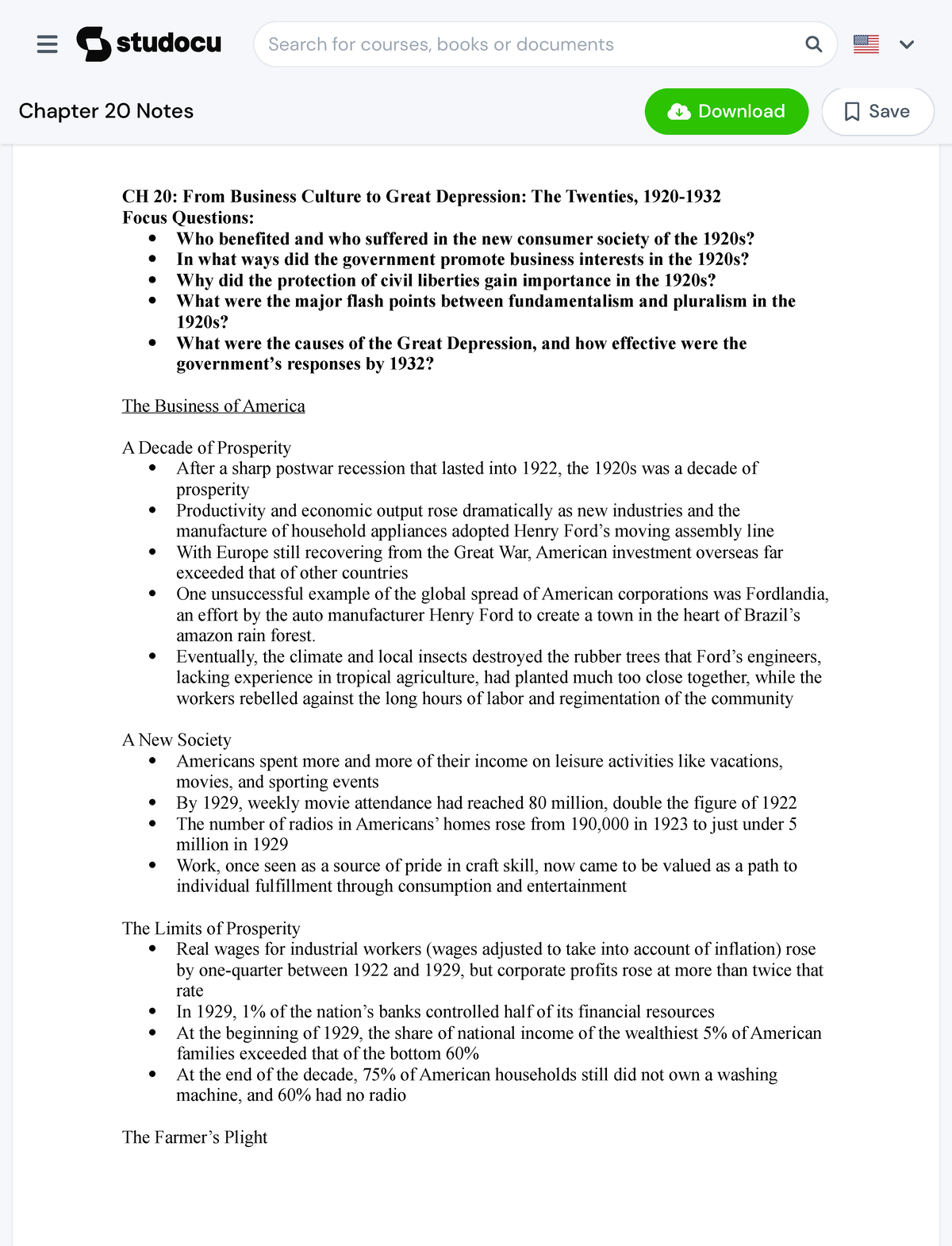 Chapter 20 Notes - CH 20 From Business Culture to Great Depression The ...