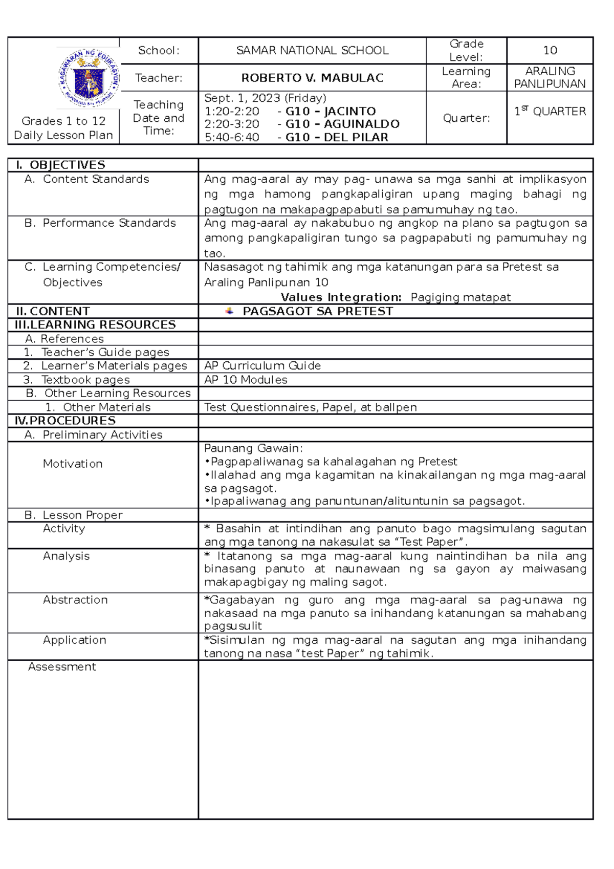 2 - LP - Pretest - Pre Test - Grades 1 to 12 Daily Lesson Plan School ...