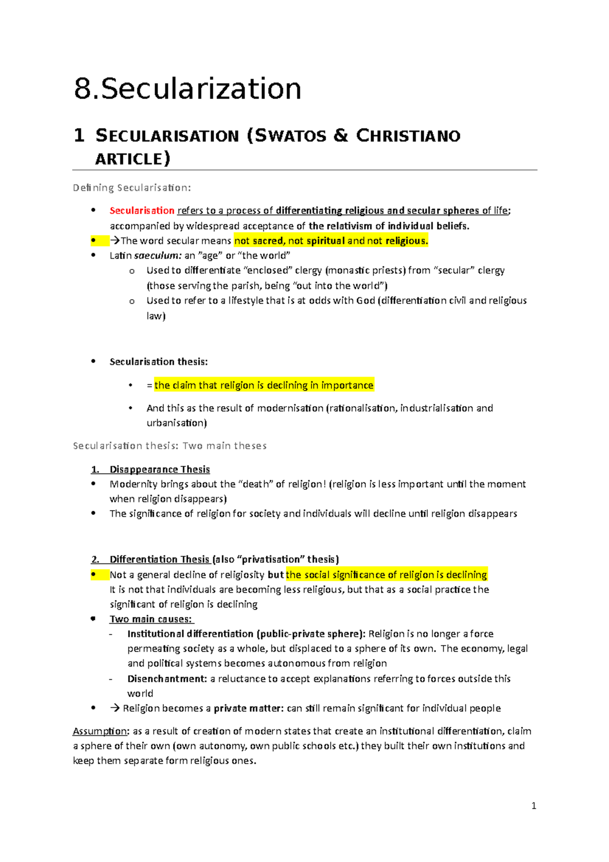 Culture, religion,and secularisation (Secularism as a political project ...