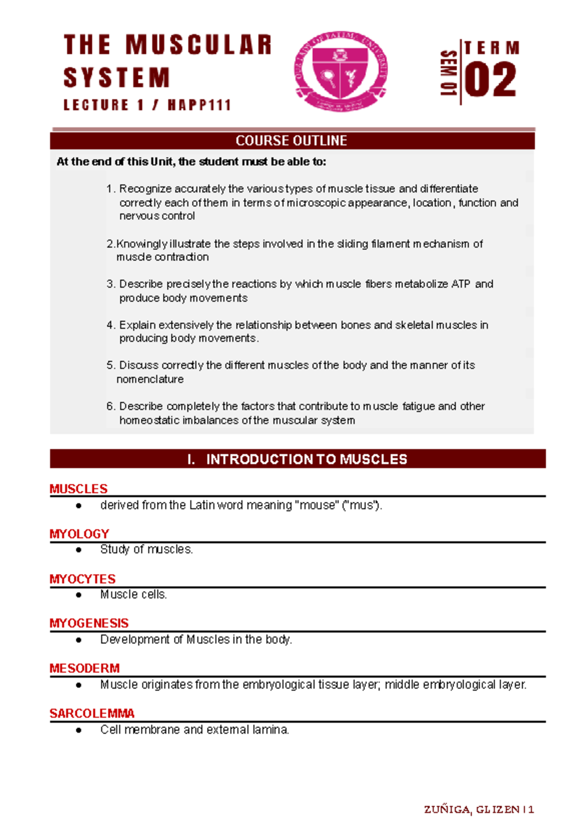 Lecture 1 - The Muscular System - COURSE OUTLINE At the end of this ...