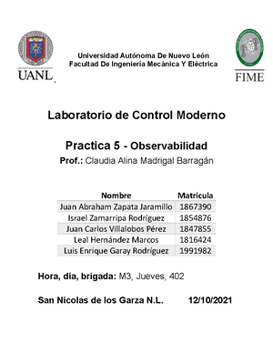 Practica 2 CM - Laboratorio de Control Moderno Practica 2- Transformación de modelos de sistemas ...