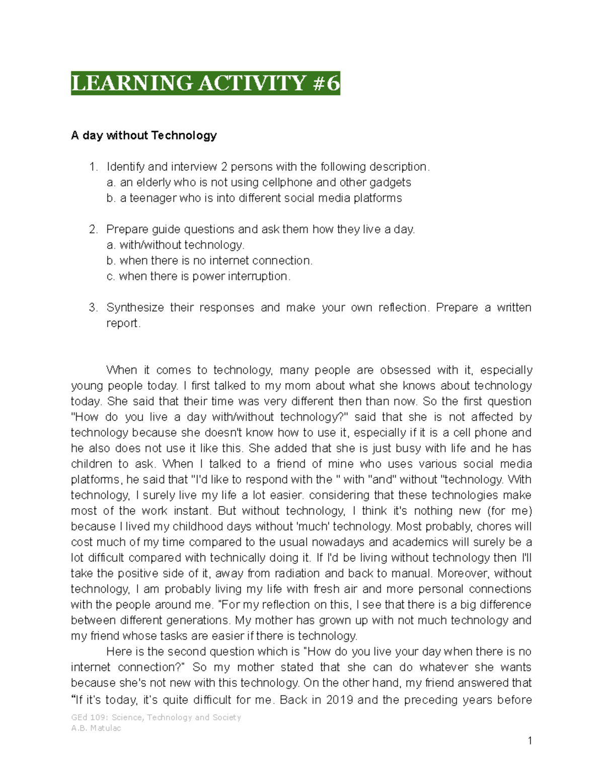 Learning Activity #6 - LEARNING ACTIVITY A day without Technology ...