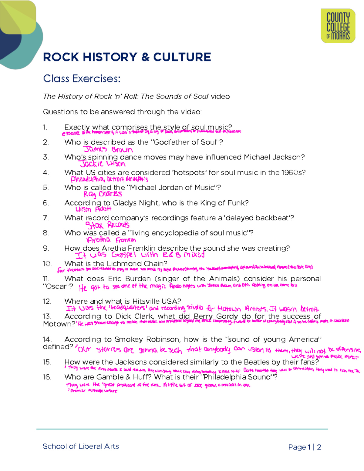 The Sounds of Soul - Worksheet - School of Liberal Arts Page 1 | 2 ROCK ...