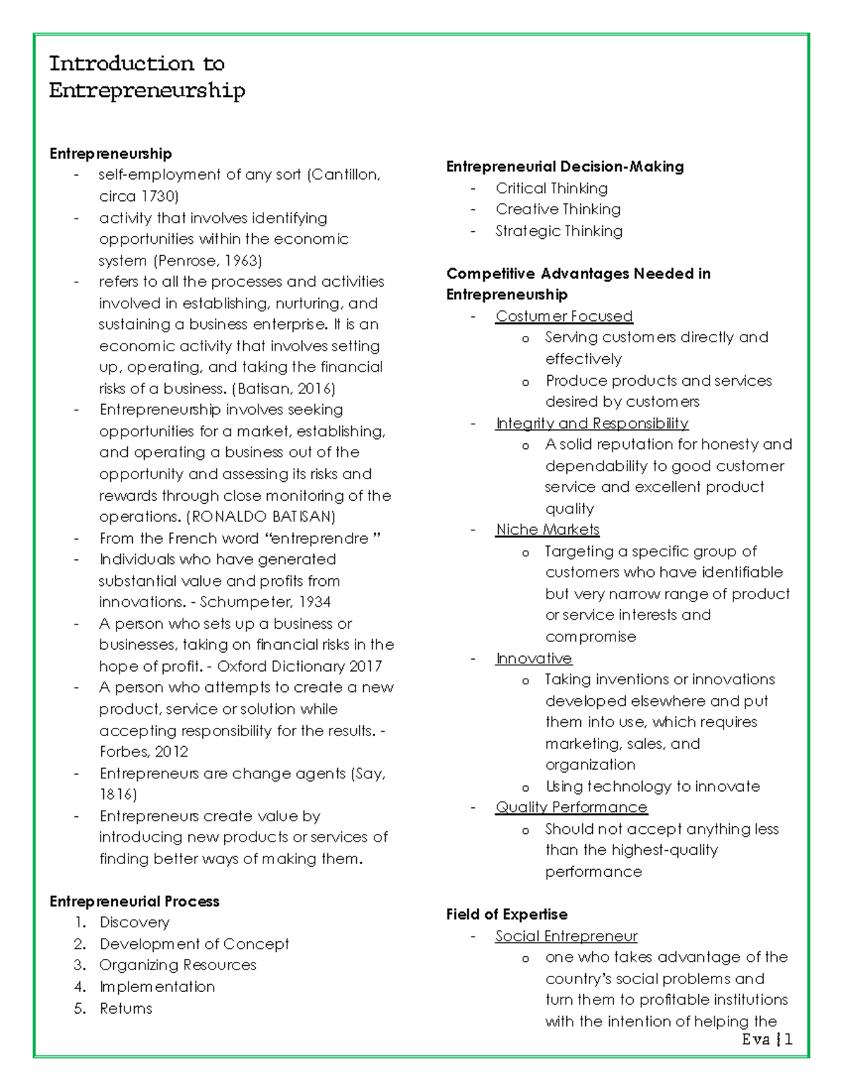 Introduction to Entrepreneuship - Eva | 1 Introduction to ...