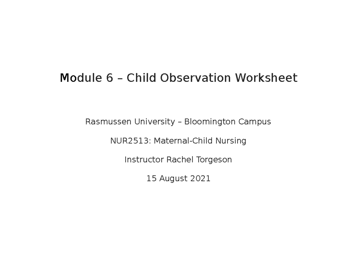 M6 Child Development Worksheet - Module 6 – Child Observation Worksheet ...