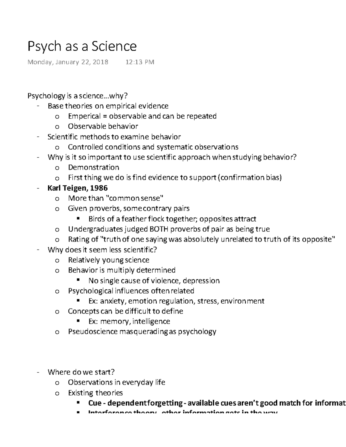 Psych as a Science - Lecture notes 25 - Psych as a Science Monday ...