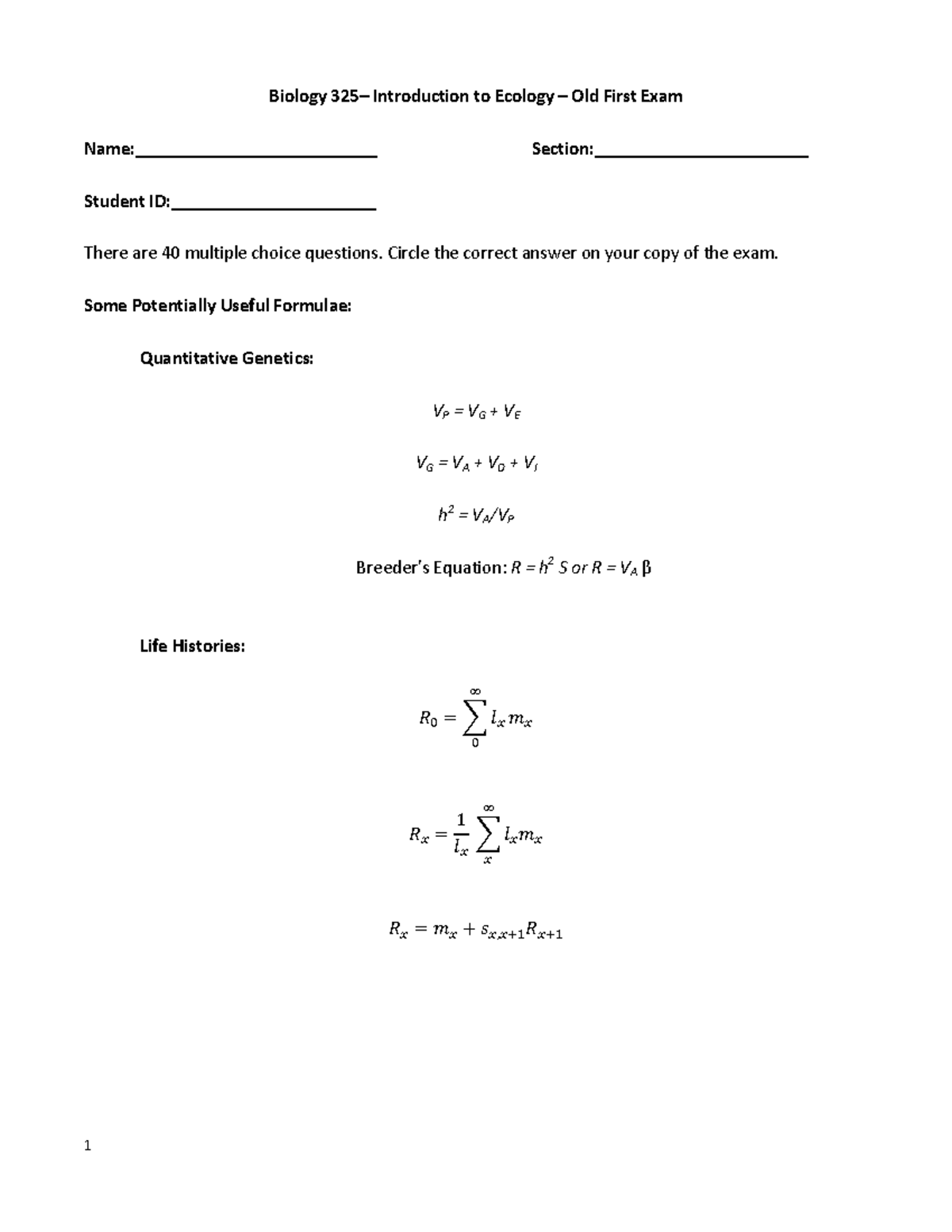 Practice Questions For Exam 1 - Biology 325– Introduction to Ecology ...