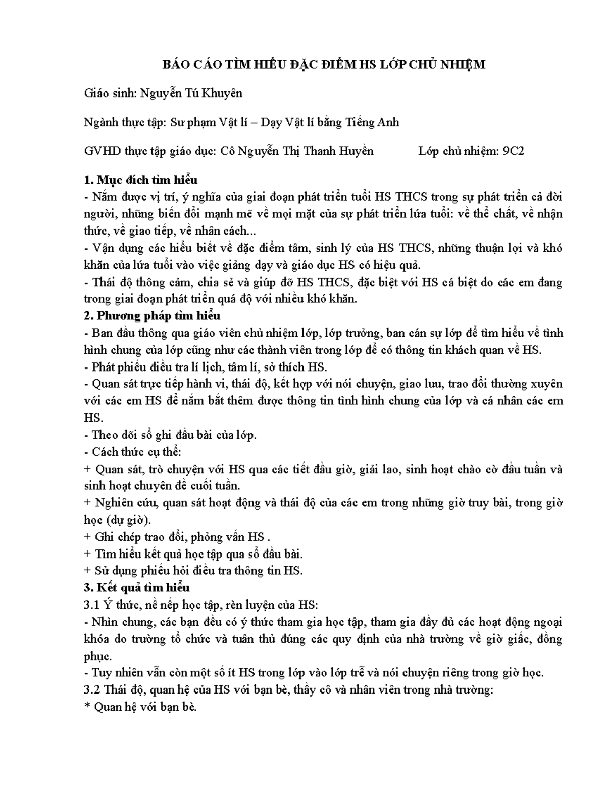 BÁO CÁO TÌM HIỂU ĐẶC ĐIỂM HỌC SINH LỚP CHỦ NHIỆM - BÁO CÁO TÌM HIỂU ĐẶC ...