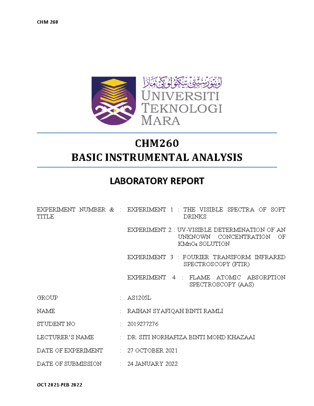 LR(1,2,3,4) CHM260 - CHM 260 OCT 2021-FEB 2022 CHM BASIC INSTRUMENTAL ...