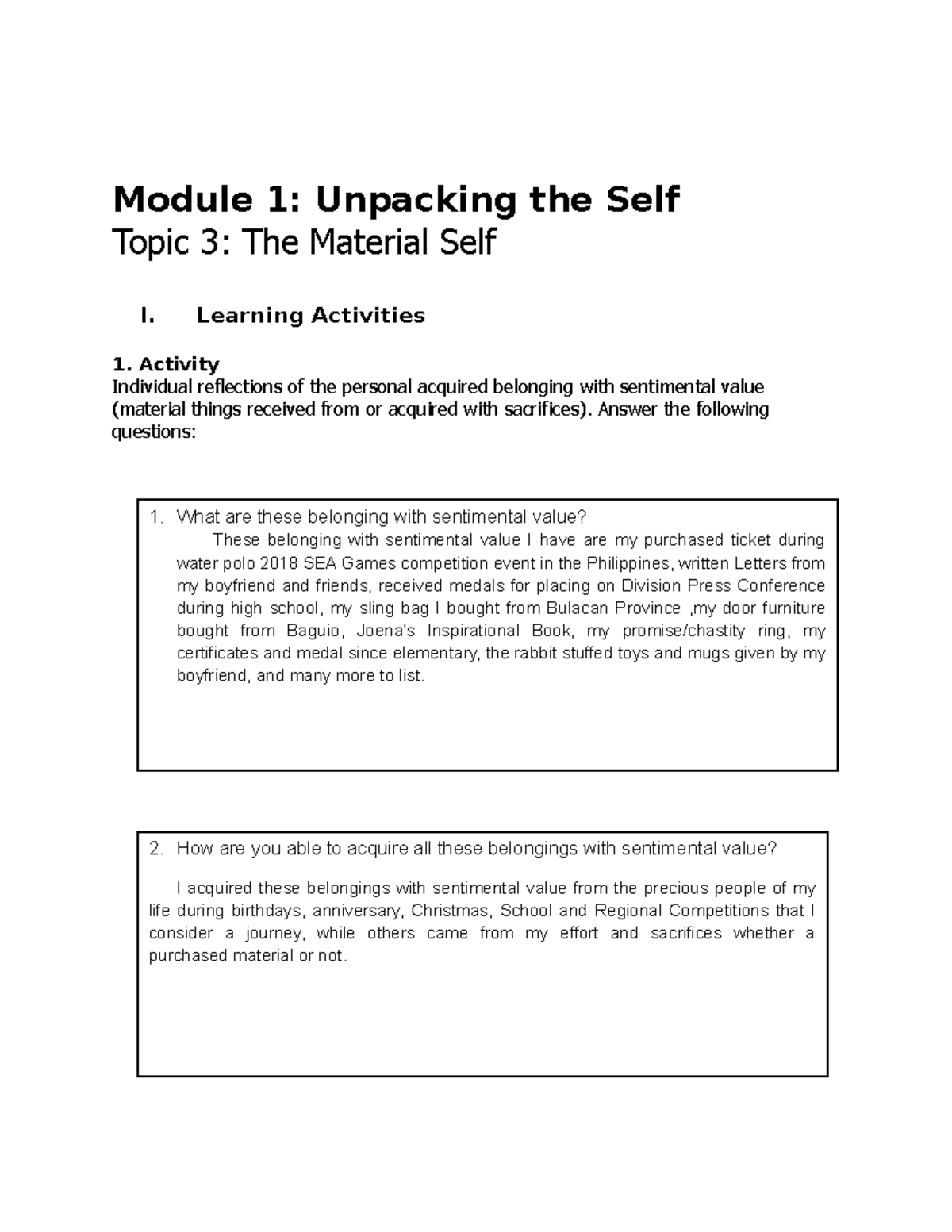 UTS M2T3LA-2 - UTS M2T3LA-2 _ Reflection - Module 1: Unpacking the Self Topic 3: The Material ...