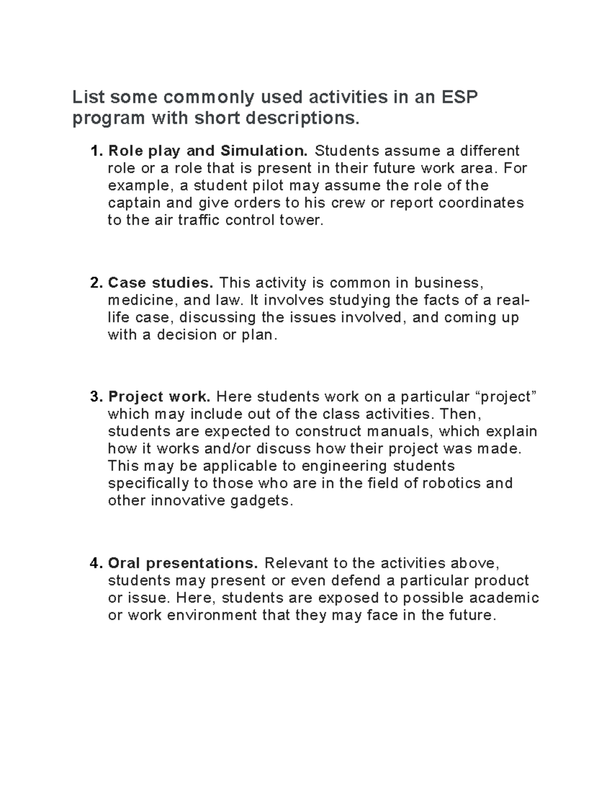 Common activities in an ESP program - List some commonly used ...