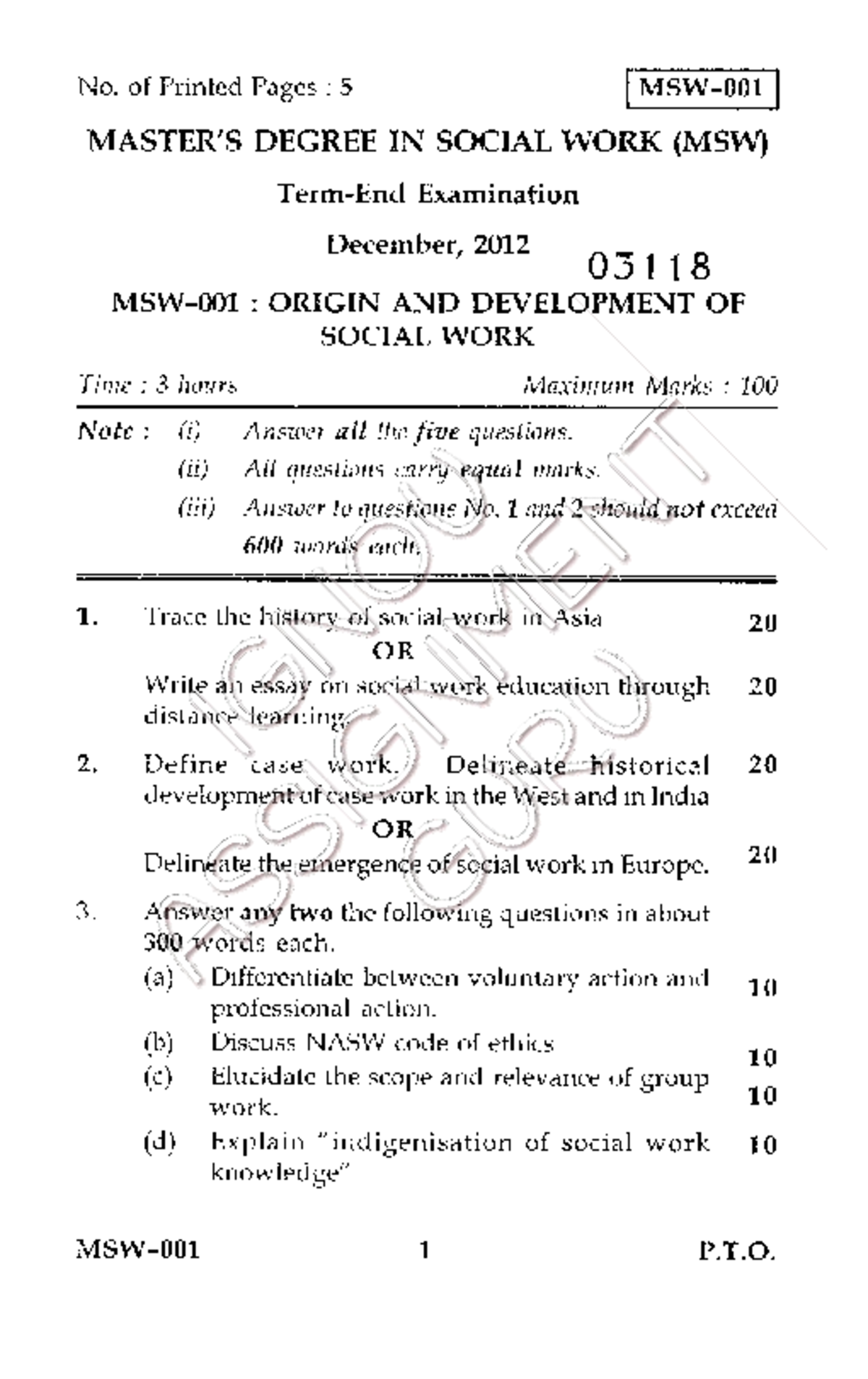 MSW-001 Term-end examination Ignou 2012 .Topic- Origin and development ...