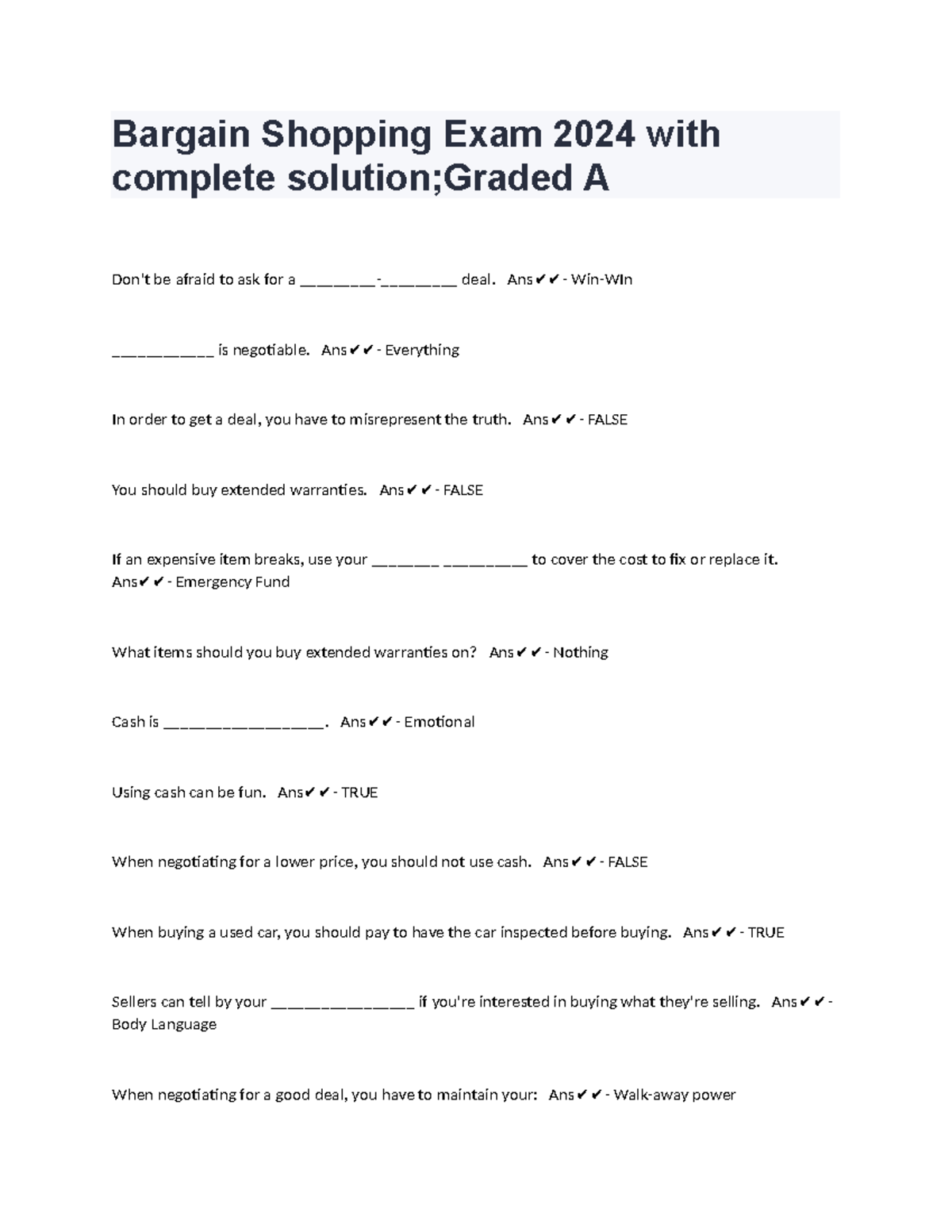 Bargain Shopping Exam 2024 with complete solution - Ans - Win-WIn ...