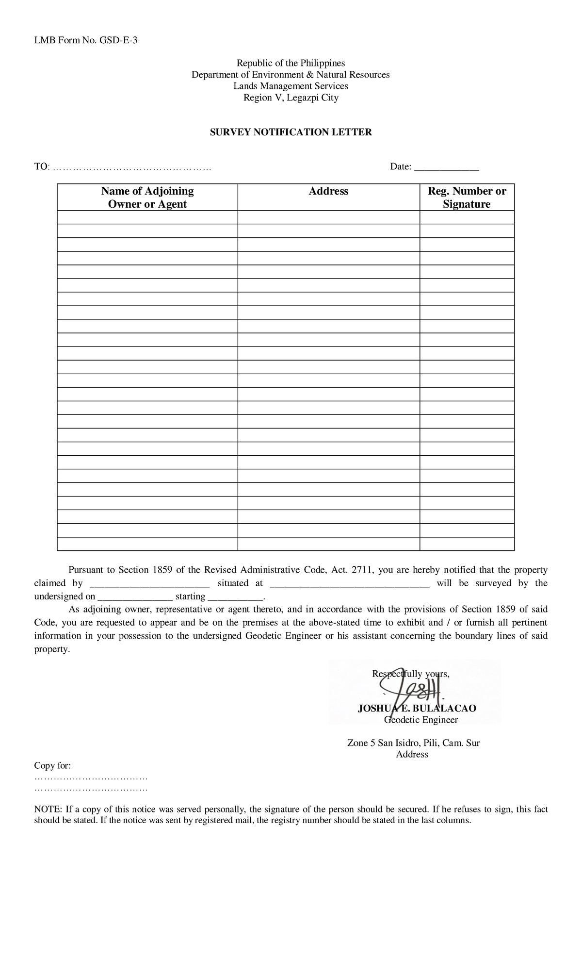 Notification Letter COPY WITH SIGN - LMB Form No. GSD-E- Republic of ...