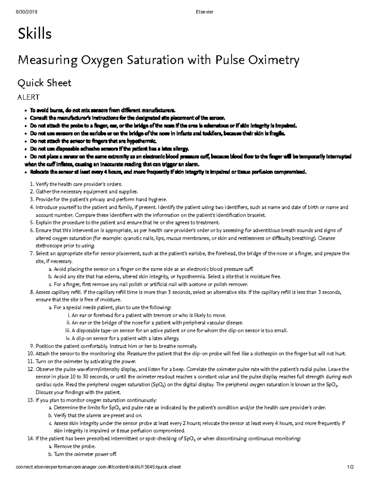 Measuring oxygen saturation with pulse ox - 8/30/2019 Elsevier - Studocu