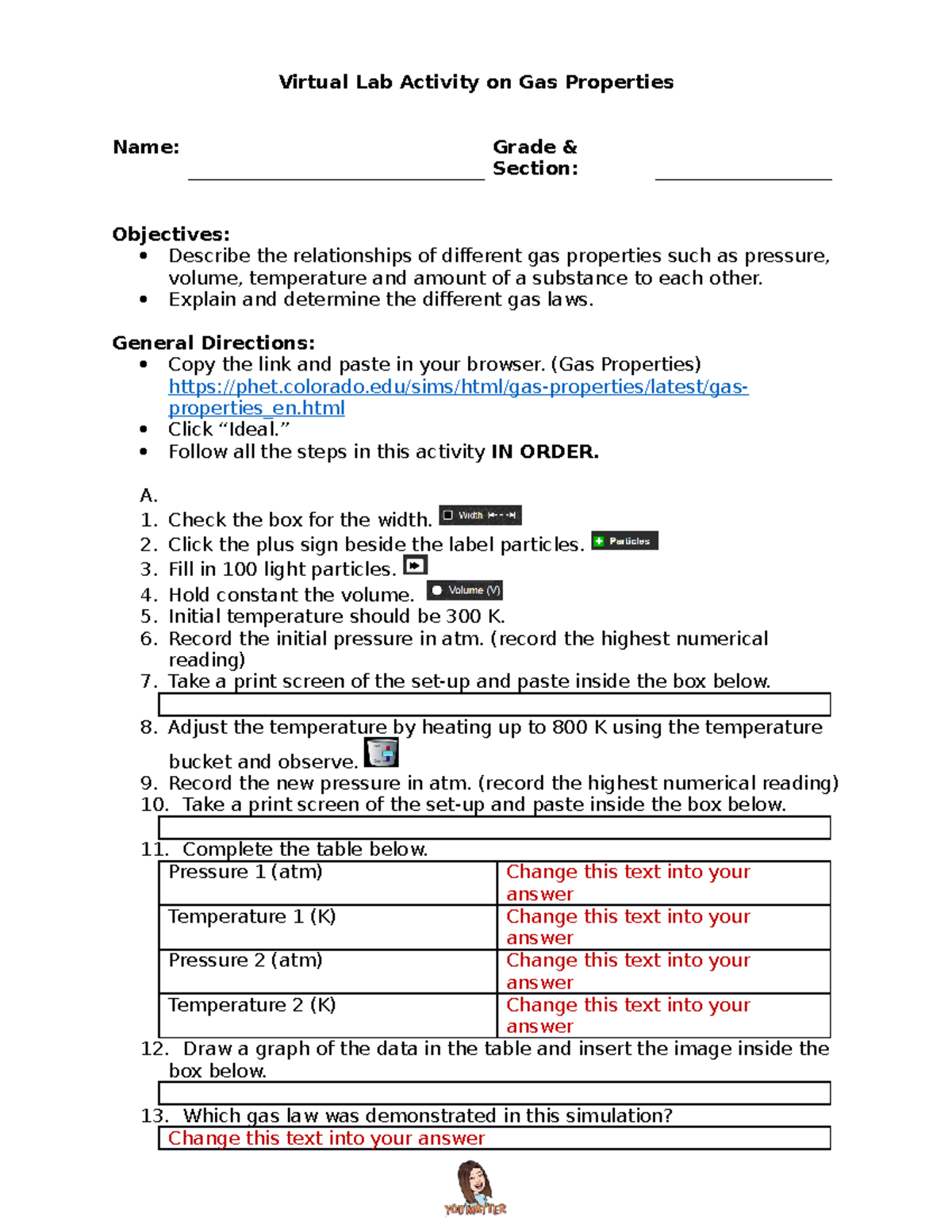 Virtual Lab Activity on Gas Properties - Explain and determine the ...