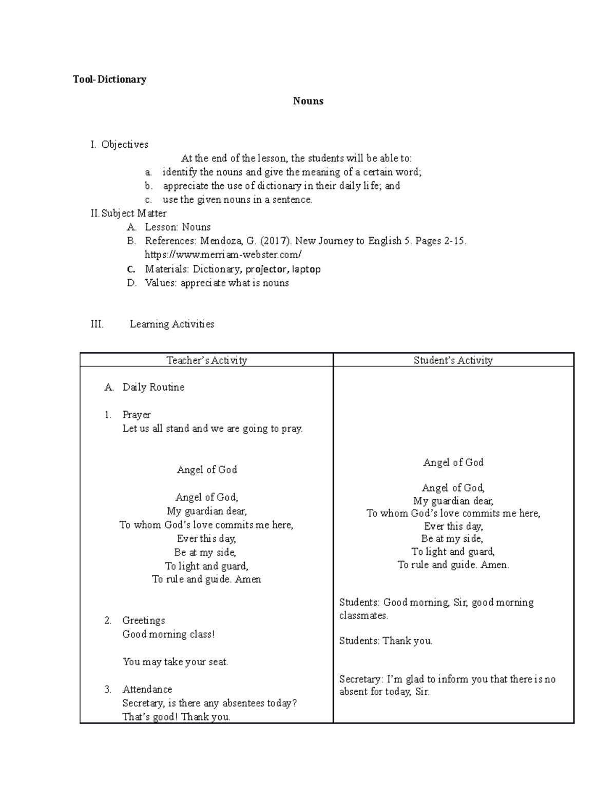 -Lesson Plan-Dictionary - Tool-Dictionary Nouns I. Objectives At the ...