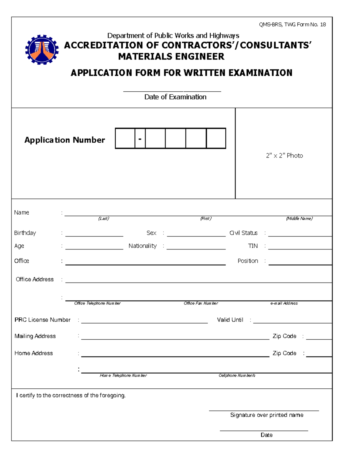 Application FORM FOR Written EXAM - TWG Form No. 18 Department of ...