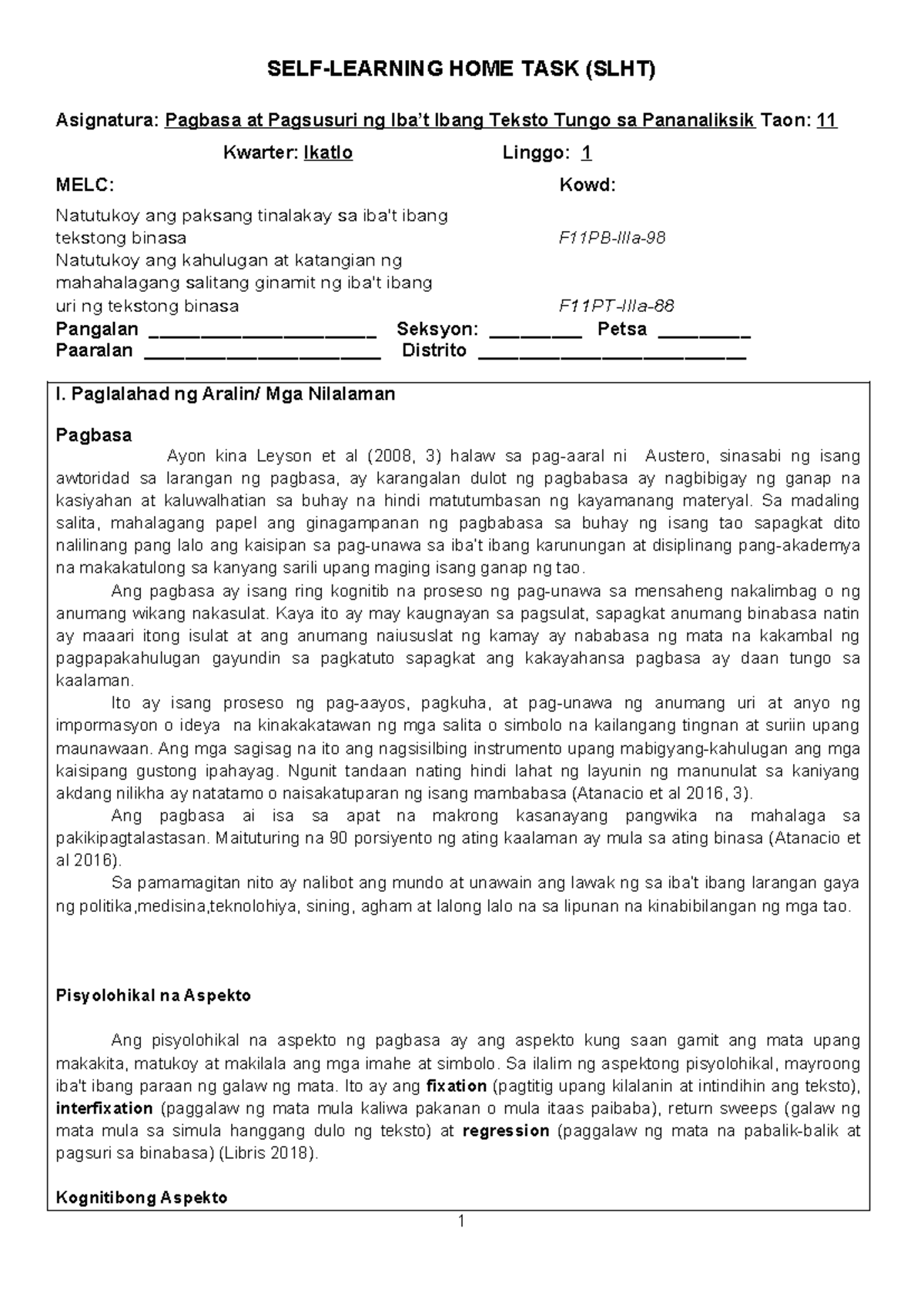 SLHT-3rd-QRTR-2nd-WEEK - SELF-LEARNING HOME TASK (SLHT) Asignatura: Pagbasa at Pagsusuri ng Iba ...