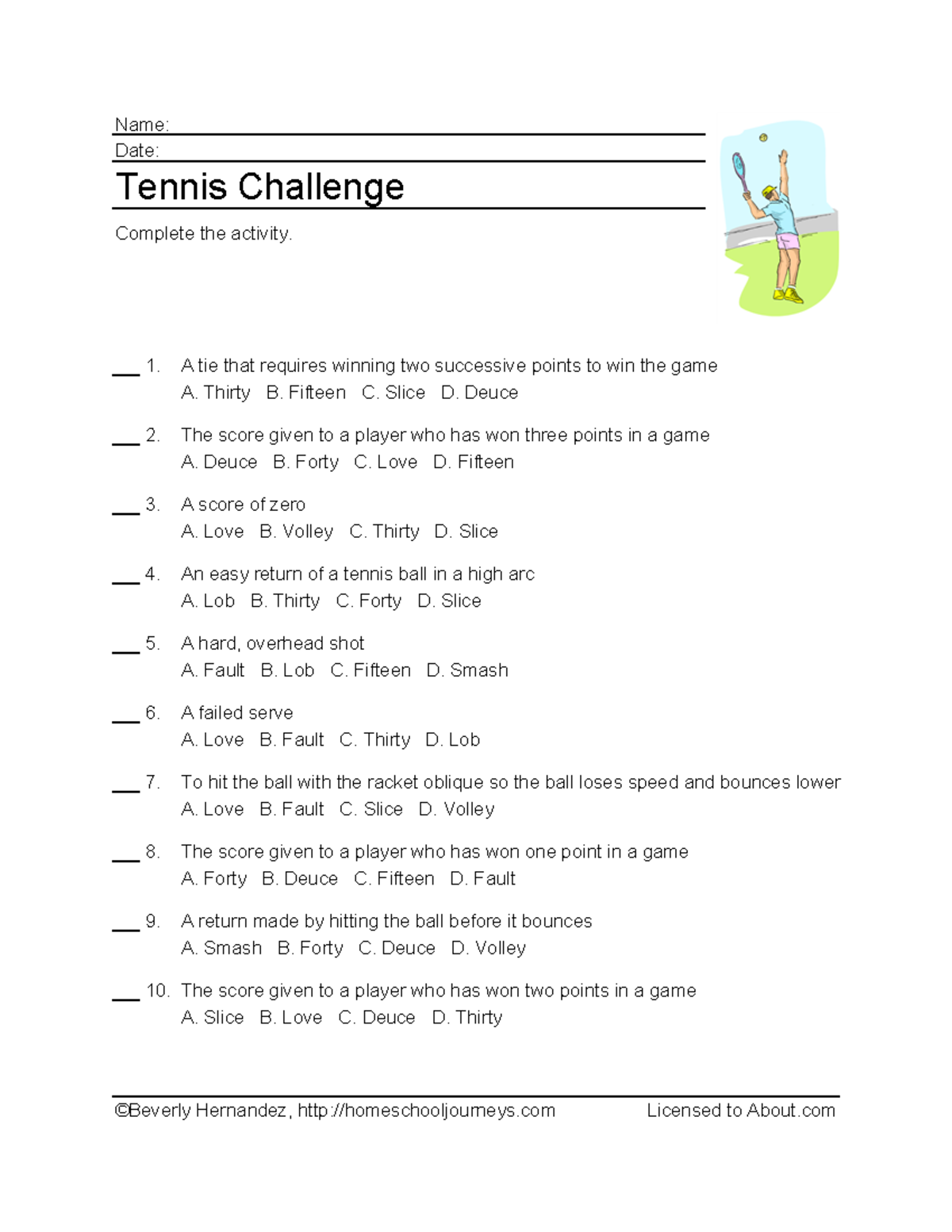 Tennis Multiple Choice Quiz - ©Beverly Hernandez, homeschooljourneys ...