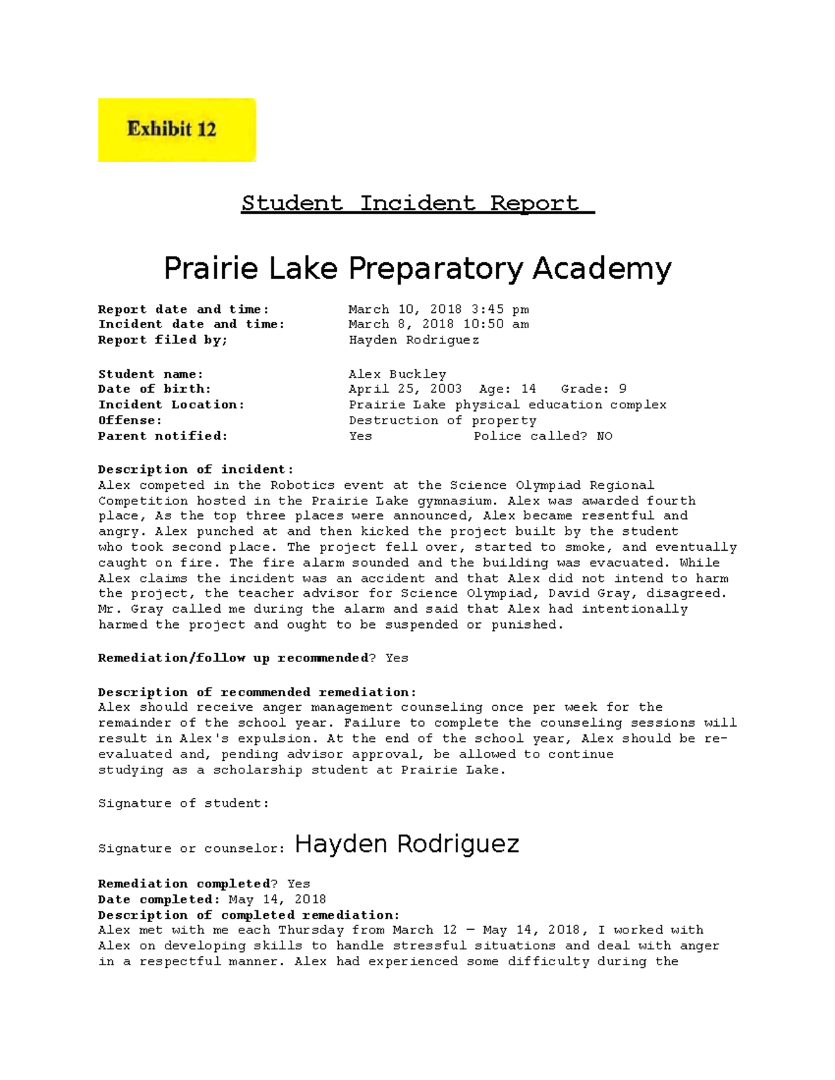 Exhibit 12 - Course Pictures - Student Incident Report Prairie Lake ...