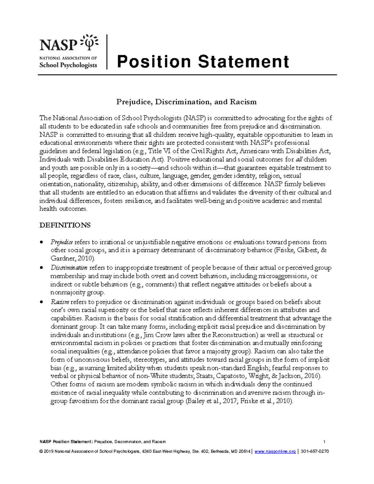 Racism and Prejudice in a school setting - Position Statement NASP ...