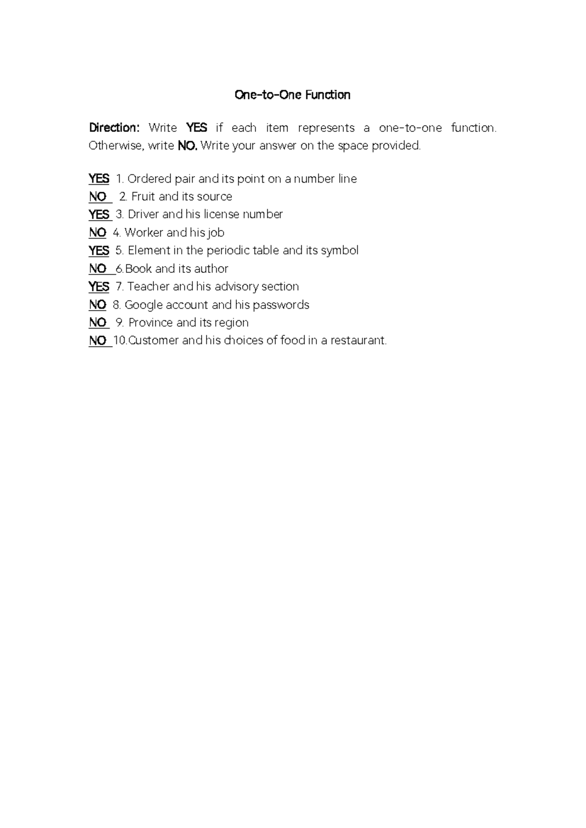 Gen Math - One-to-One Function - One-to-One Function Direction: Write ...