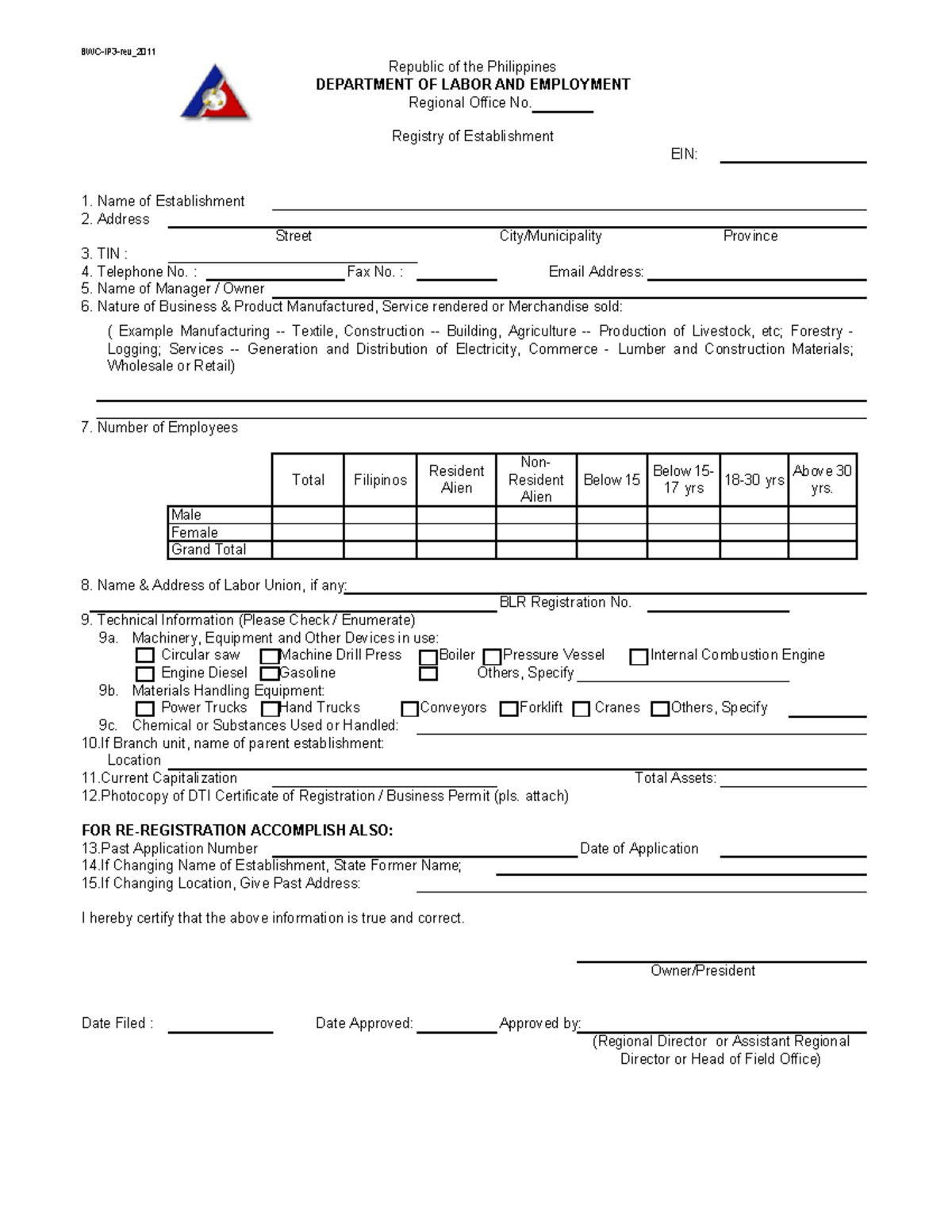 Rule 1020 New Establishment Registration - BWC-IP3-rev_ EIN: Name of ...