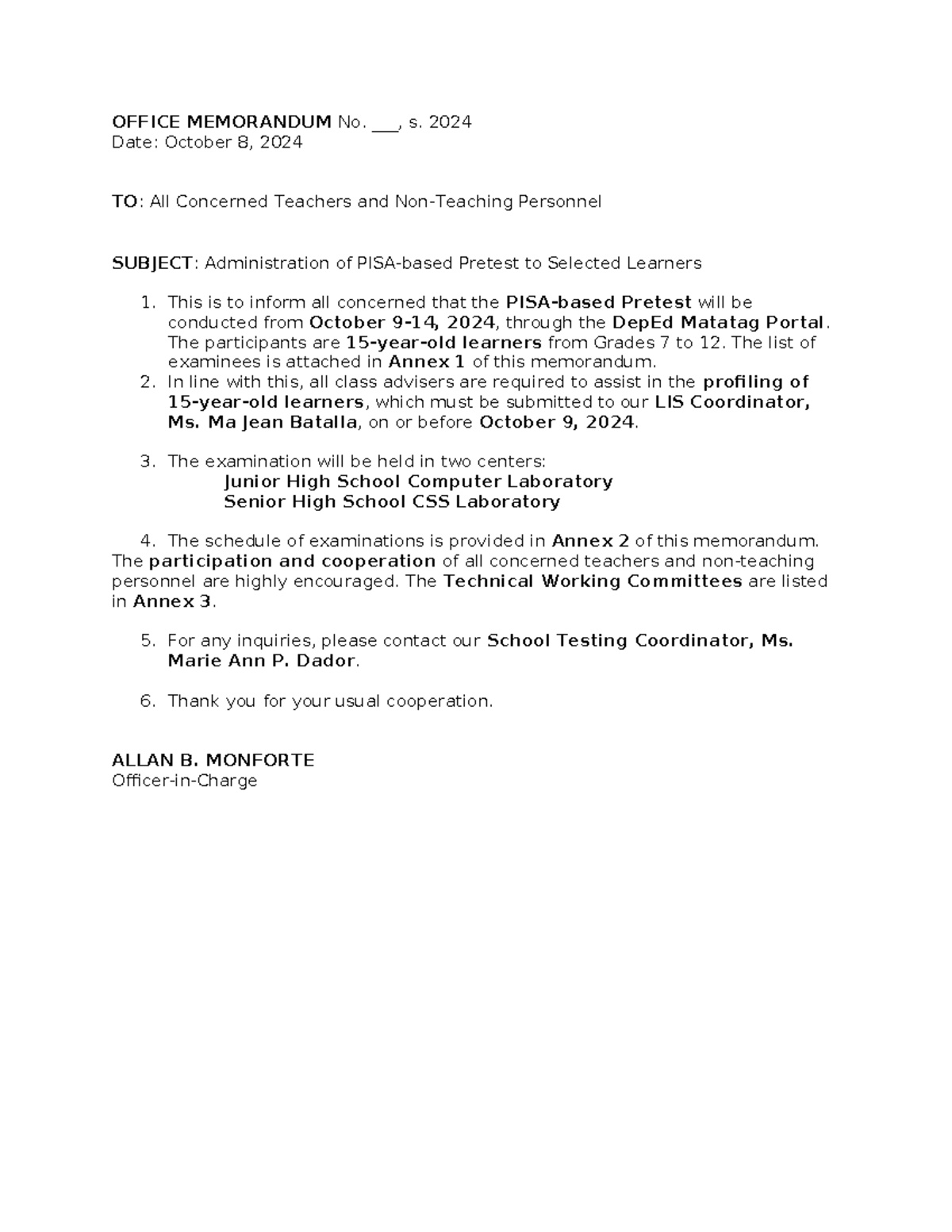 Office Memorandum PISA Pretest - OFFICE MEMORANDUM No. ___, s. 2024 ...