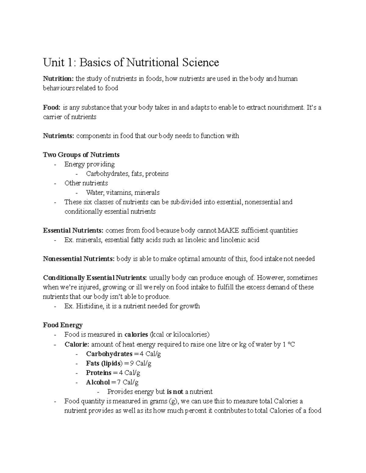 Nutrition Notes - Unit 1: Basics of Nutritional Science Nutrition: the ...