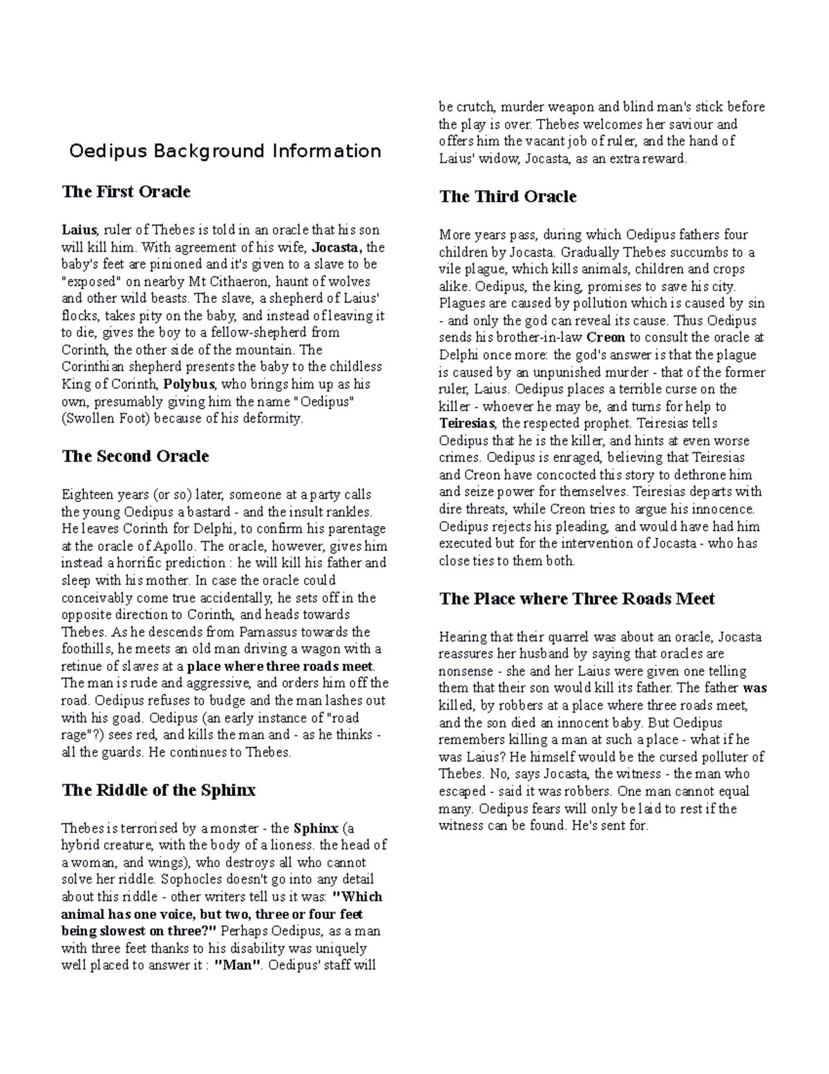 588 Oedipus Rex- entire text - Oedipus Background Information The First ...