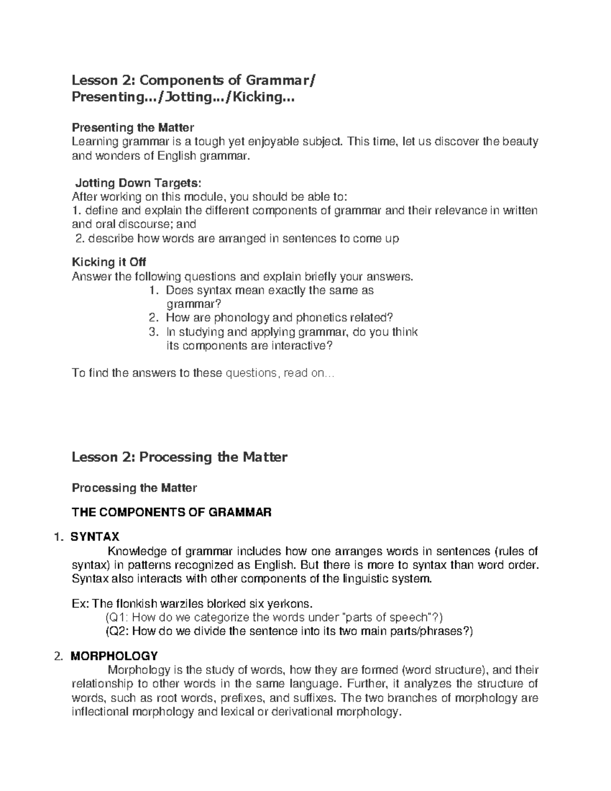 Lesson 2 Components of Grammar - Lesson 2: Components of Grammar/ - Studocu