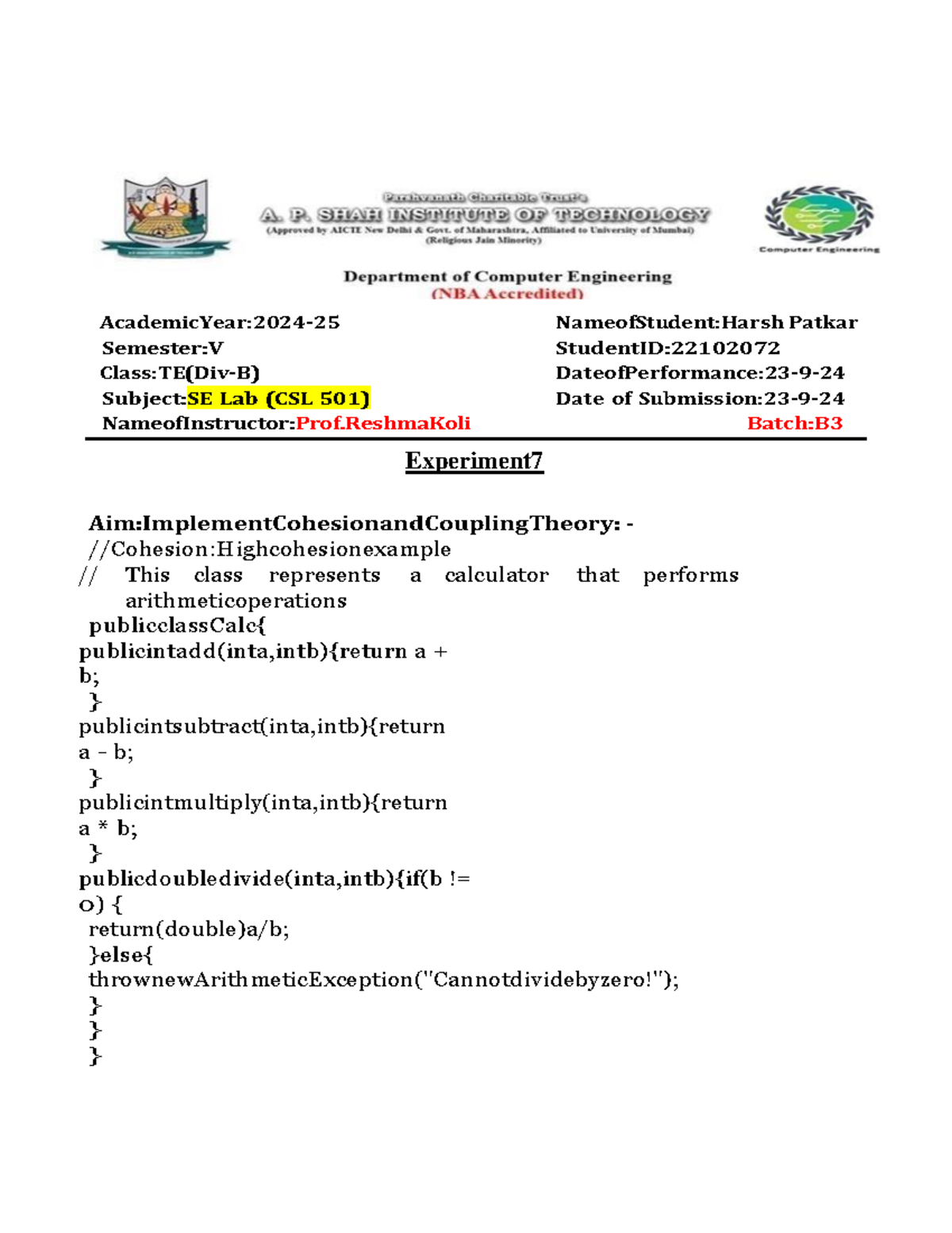 Expt7 SE harsh 101 - software engg. practical 7 - AcademicYear:2024- 25 NameofStudent:Harsh ...